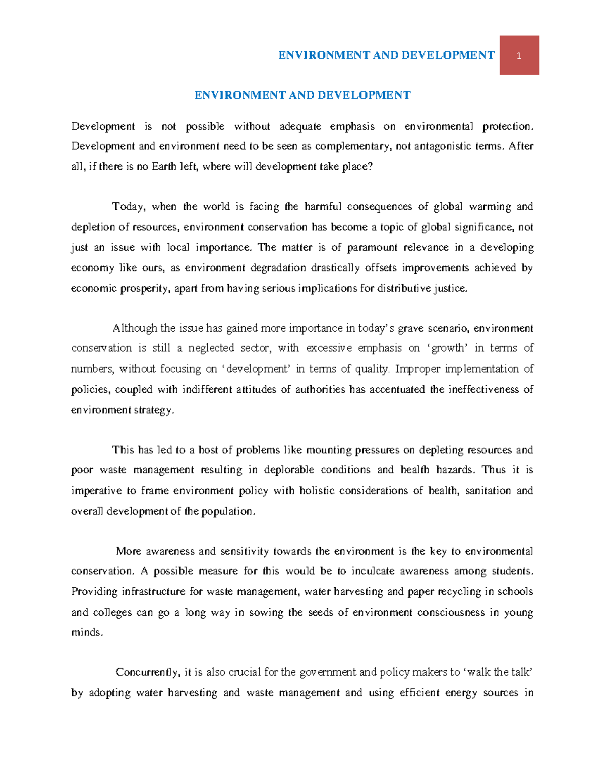 Environment AND Development - ENVIRONMENT AND DEVELOPMENT 1 ENVIRONMENT ...