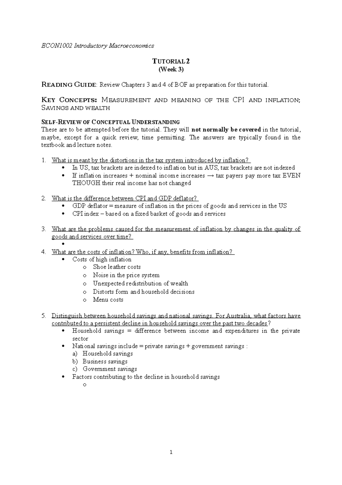 Tutorial 02 (Week 3) Questions - ECON1002 Introductory Macroeconomics ...