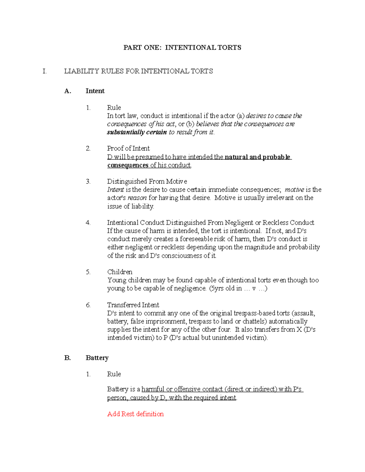 Torts Law Outline - Professor Kidd - PART ONE: INTENTIONAL TORTS I ...