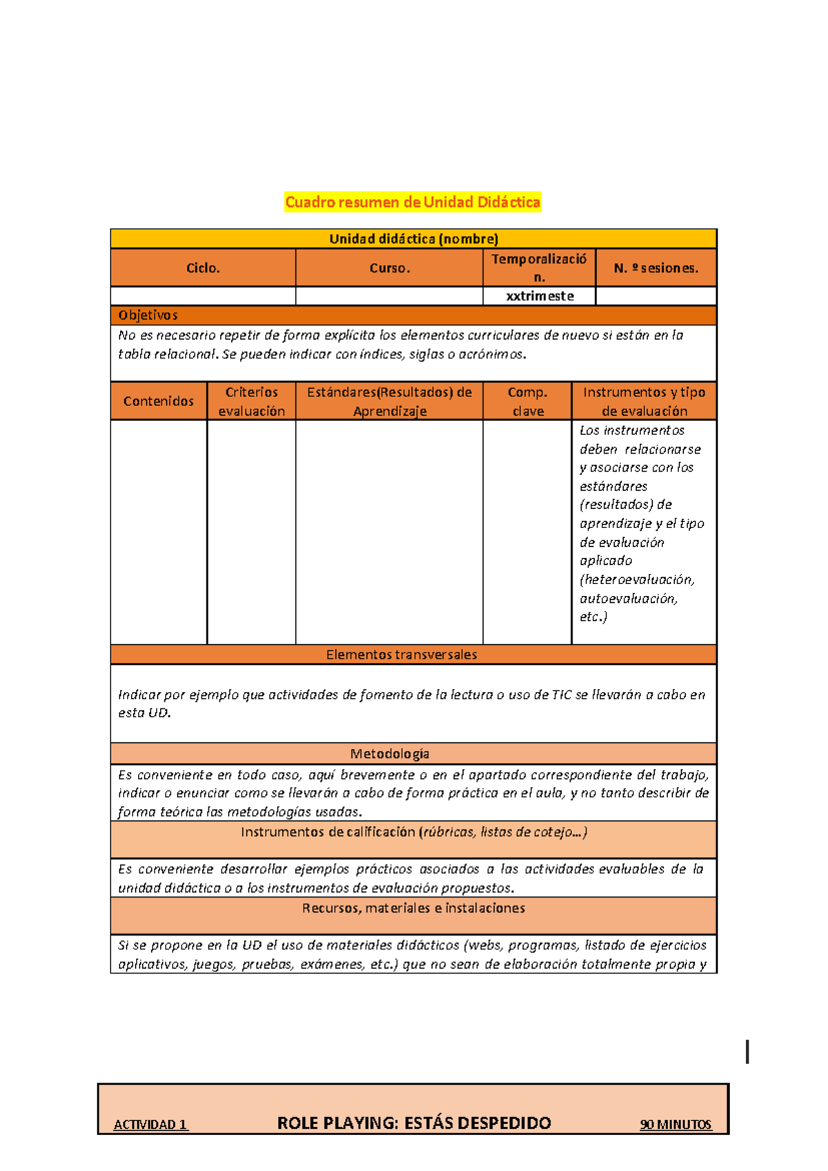 Tablas sesiones y más 1 - Variado - Cuadro resumen de Unidad Did·ctica Unidad did·ctica (nombre ...