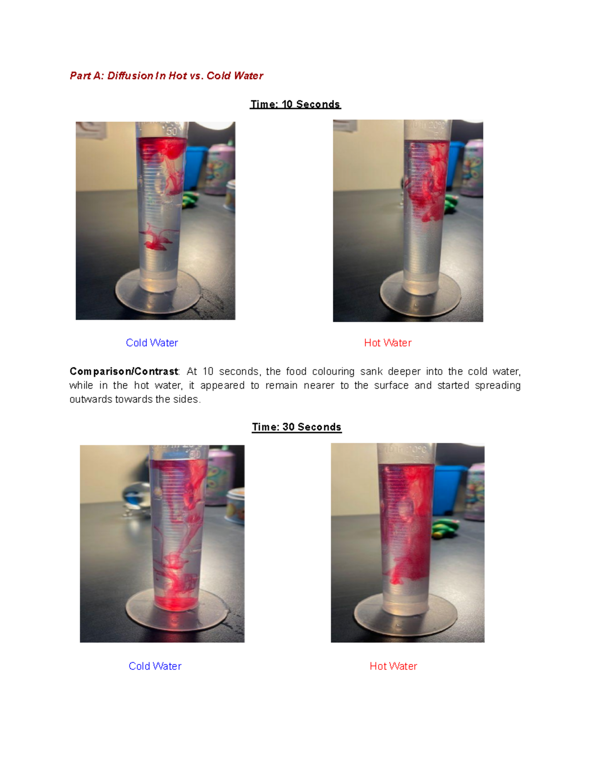 Lab 5 Diffusion - Part A: Diffusion In Hot vs. Cold Water Time: 10 ...