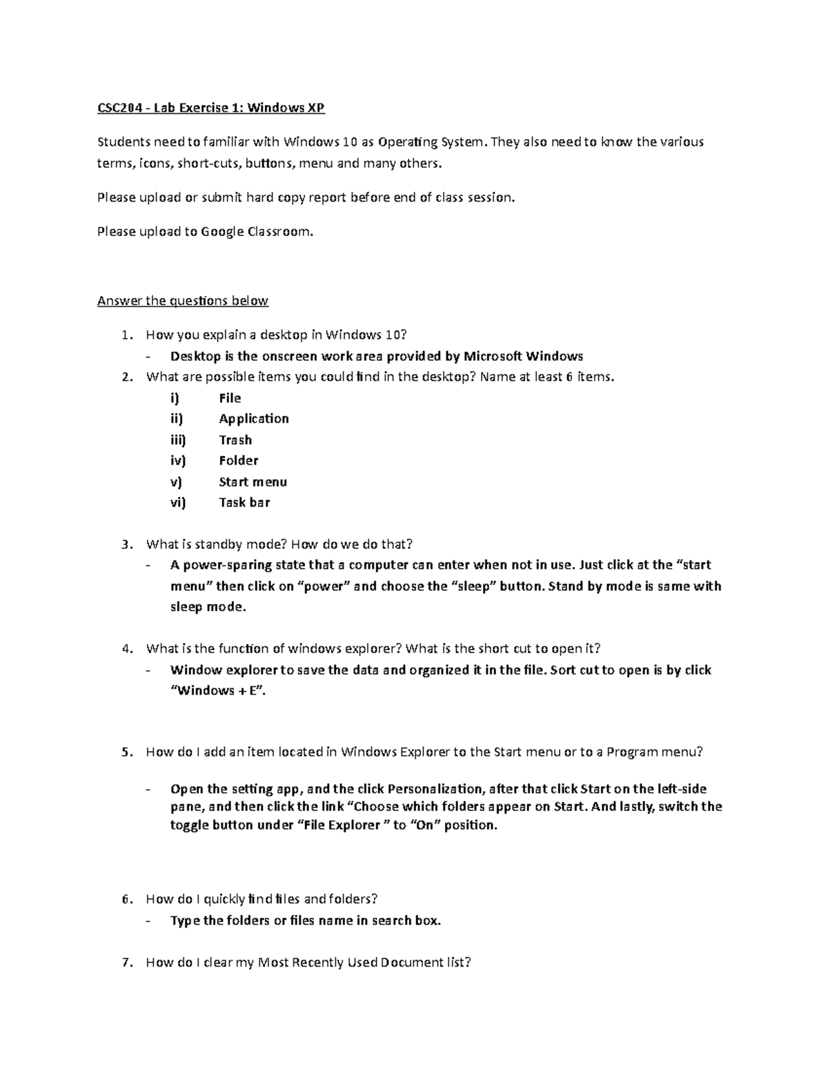 Tutorial CSC204 - x - goodluck! - CSC204 - Lab Exercise 1: Windows XP Students need to familiar ...
