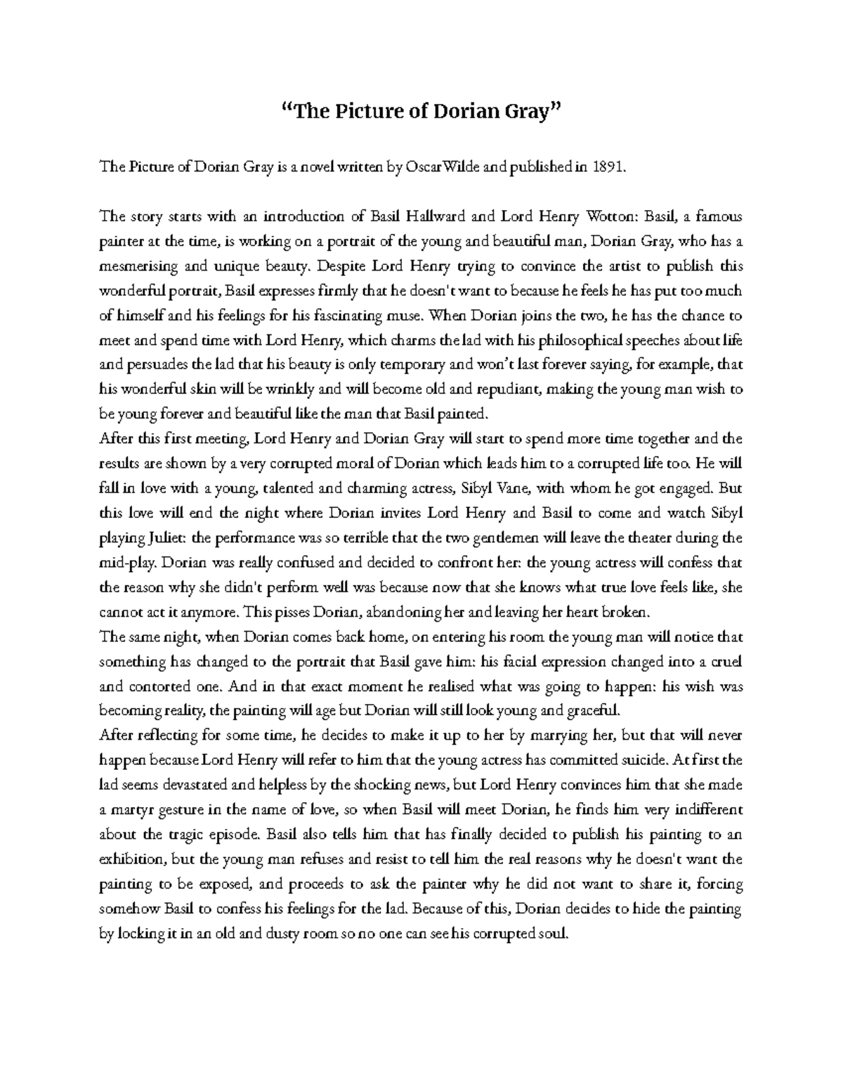 “The Picture of Dorian Gray” - The story starts with an introduction of ...