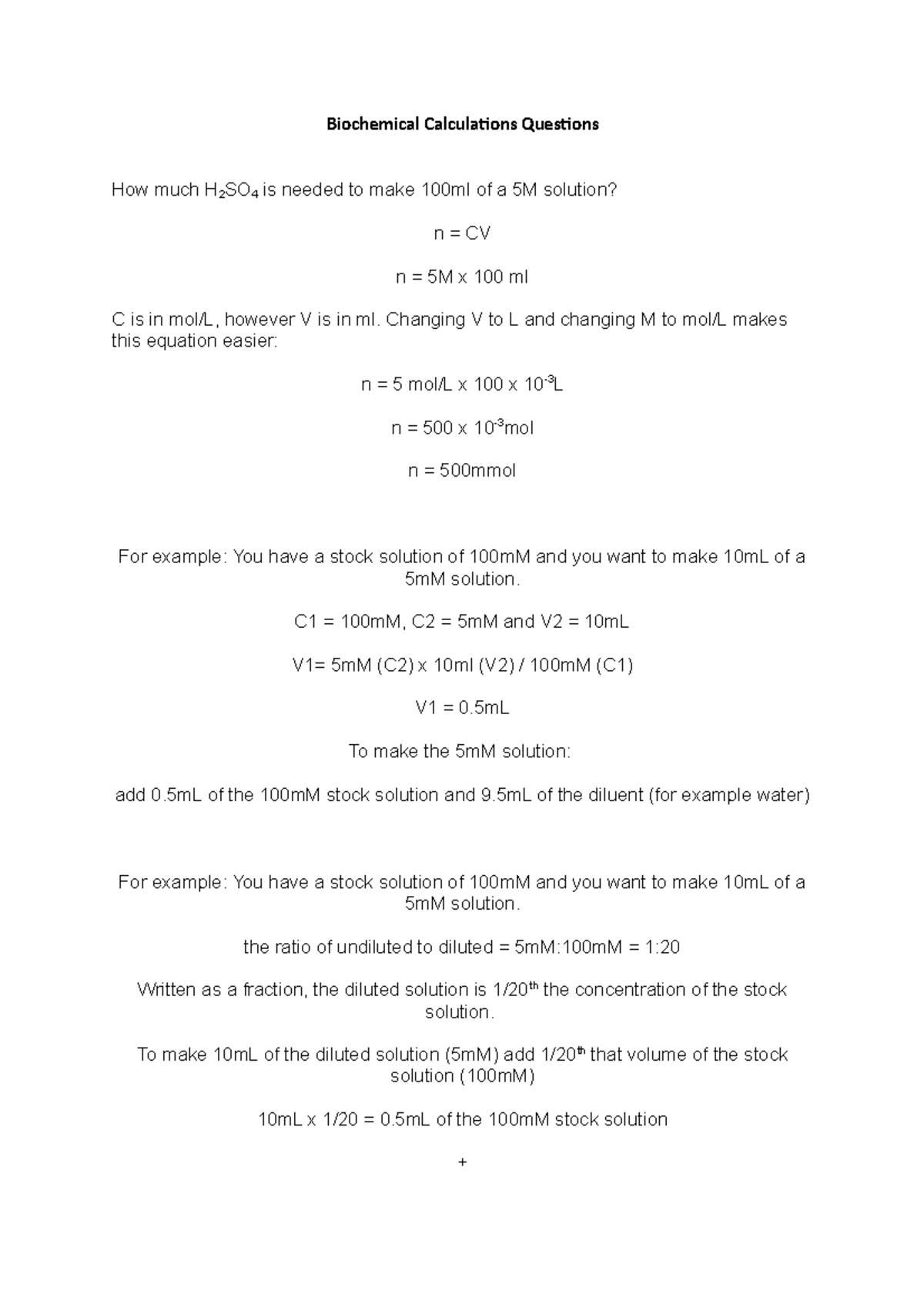 Biochemical Calculations Questions - Changing V to L and changing M to ...