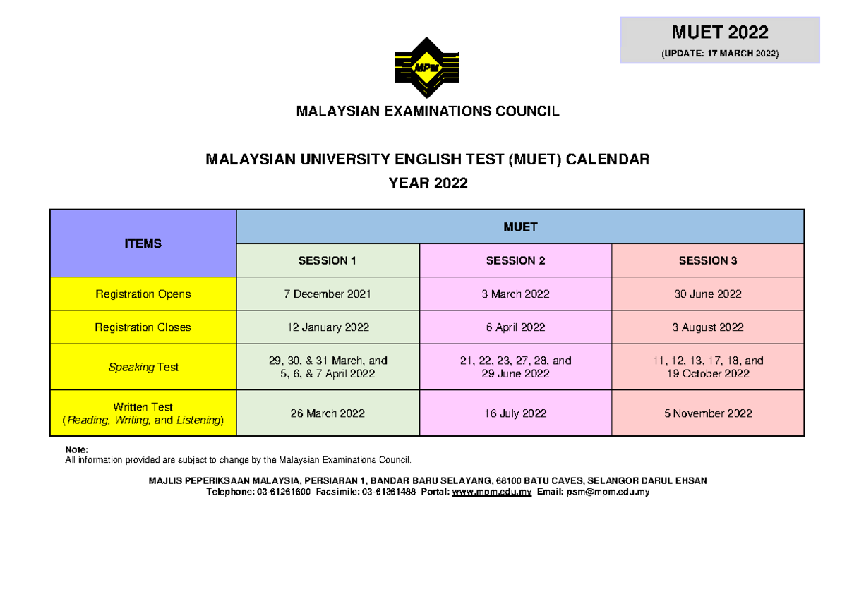 Kalendar MUET Tahun 2022 - Edisi 1732022 BI - MALAYSIAN EXAMINATIONS ...