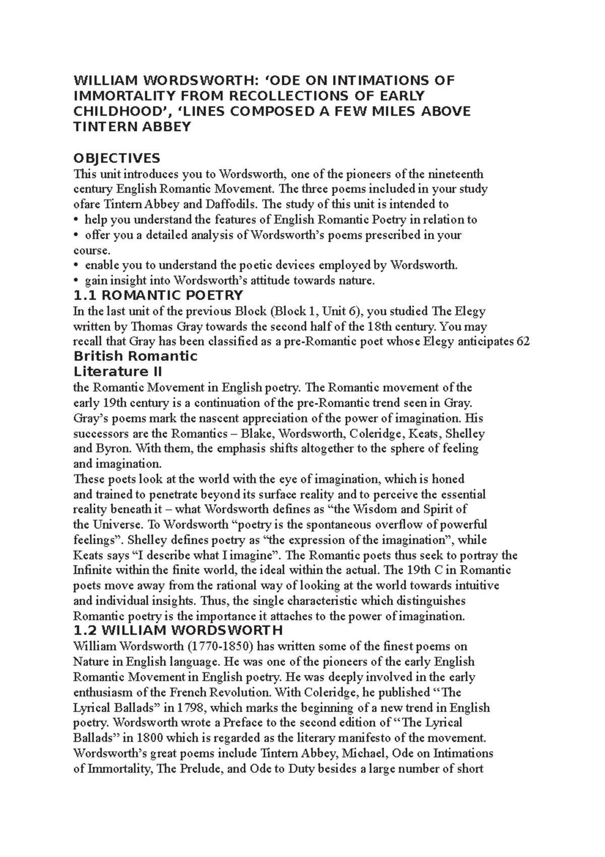 William Wordsworth ‘ODE ON Intimations OF Immortality FROM ...