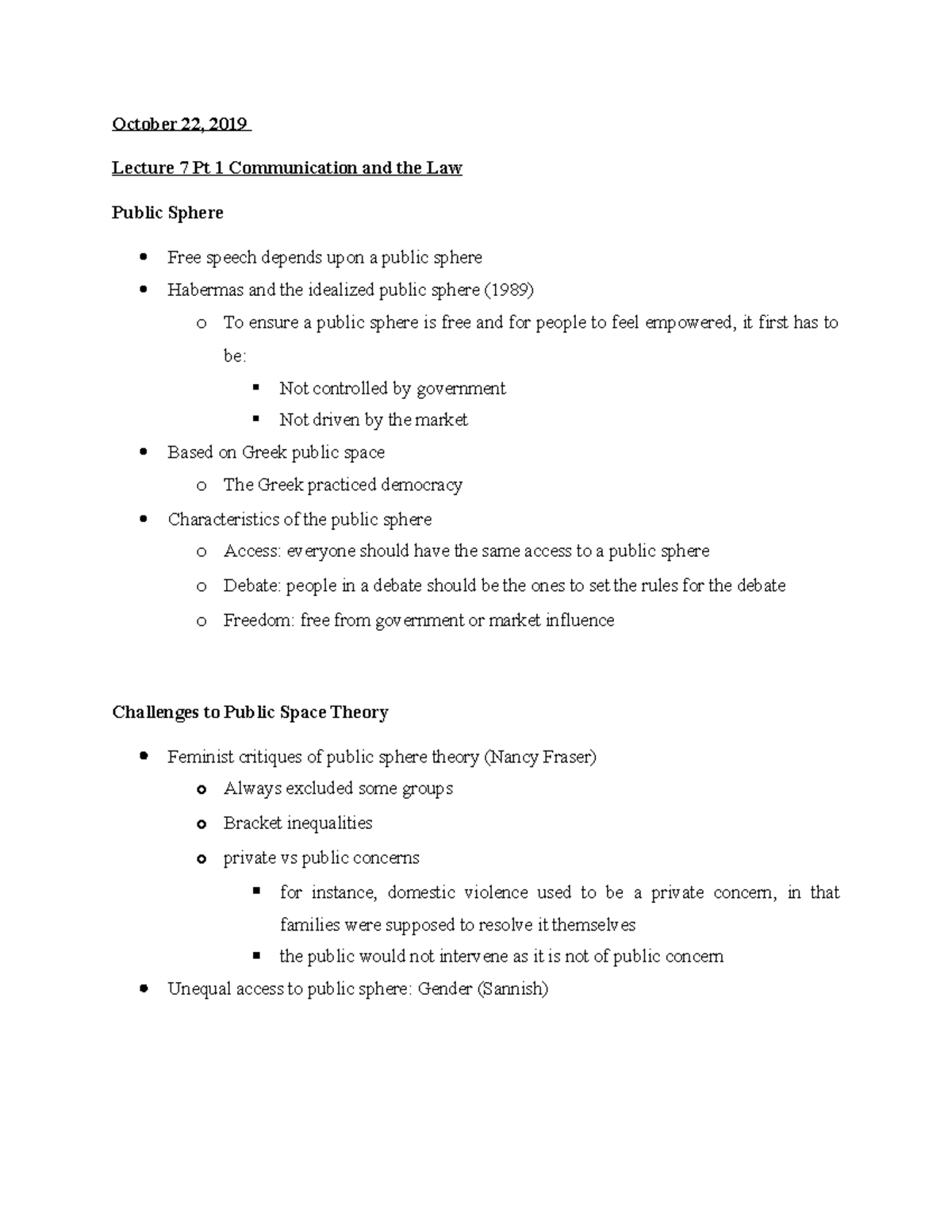 Class Notes Oct 22 2019 Part 1 October 22 2019 Lecture 7 Pt 1