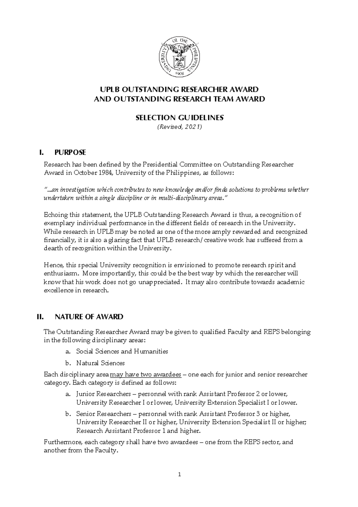 ORA - Selection Guidelines Rev2021 - UPLB OUTSTANDING RESEARCHER AWARD AND OUTSTANDING RESEARCH ...