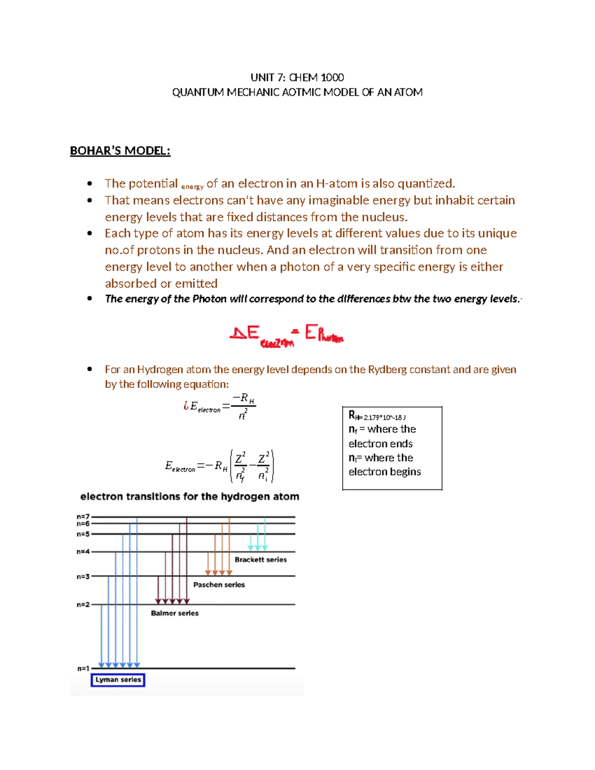 Unit 7 Chem 1000 Quantum Mechanic Model of the Atom Lecture Notes ...