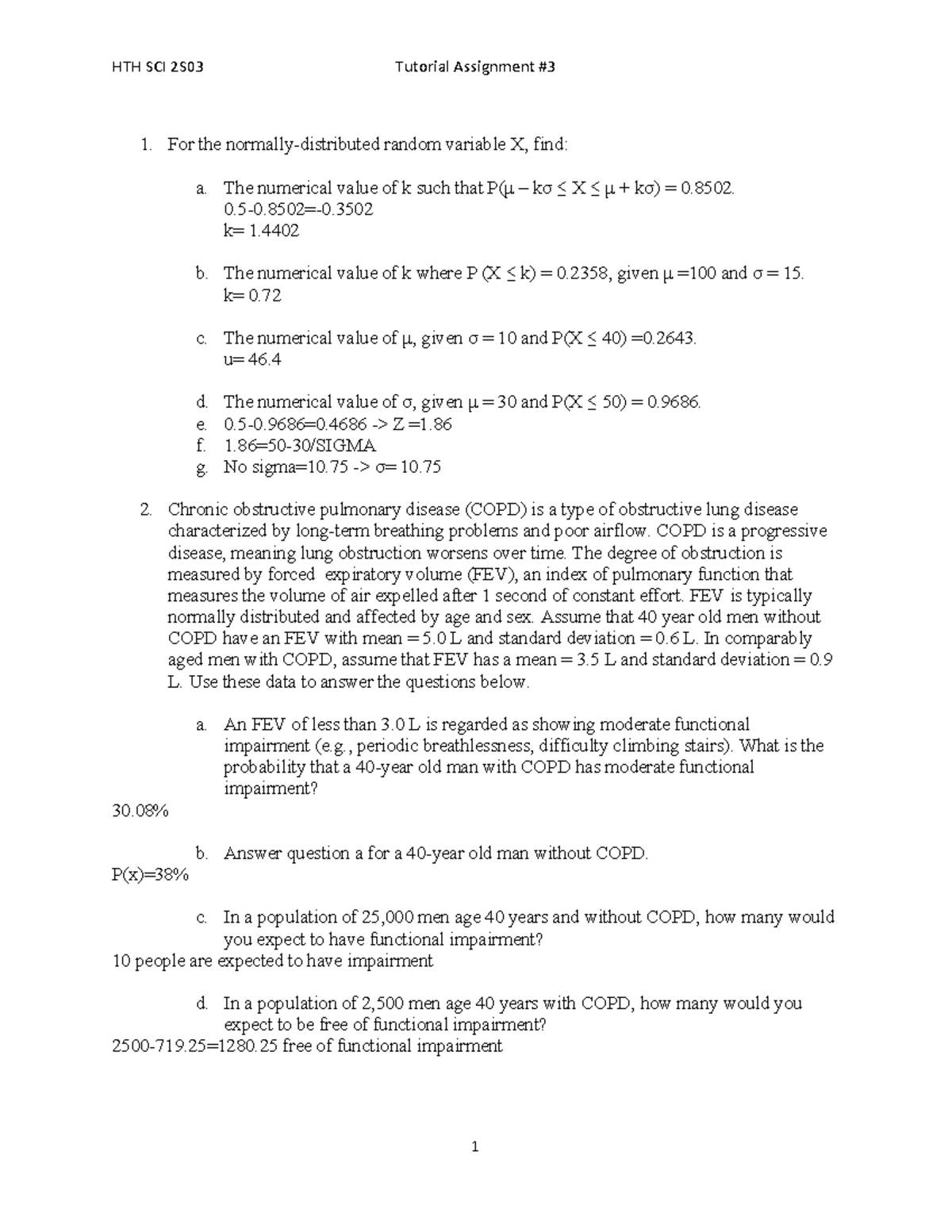 Tutorial Assign 3 - Std Normal & Normal Dist2 - HTH SCI 2S03 Tutorial Assignment # 1 For the ...