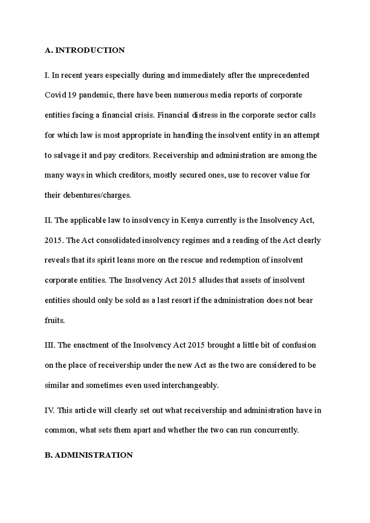 Administration & Receivership of a company - A. INTRODUCTION I. In recent years especially ...