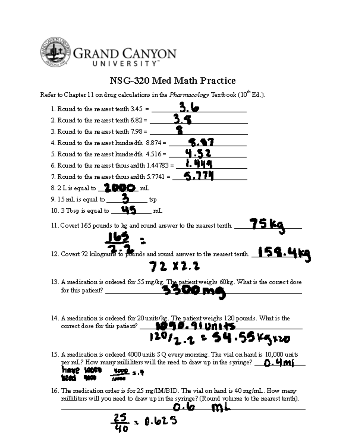 NSG320med math packets - NSG-320 Med Math Practice Refer to Chapter 11 ...