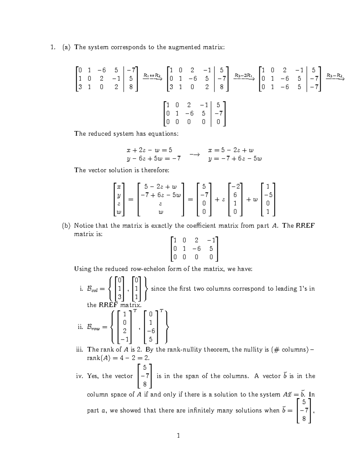 Practice Exam 1Solutions - (a) The system corresponds to the augmented ...