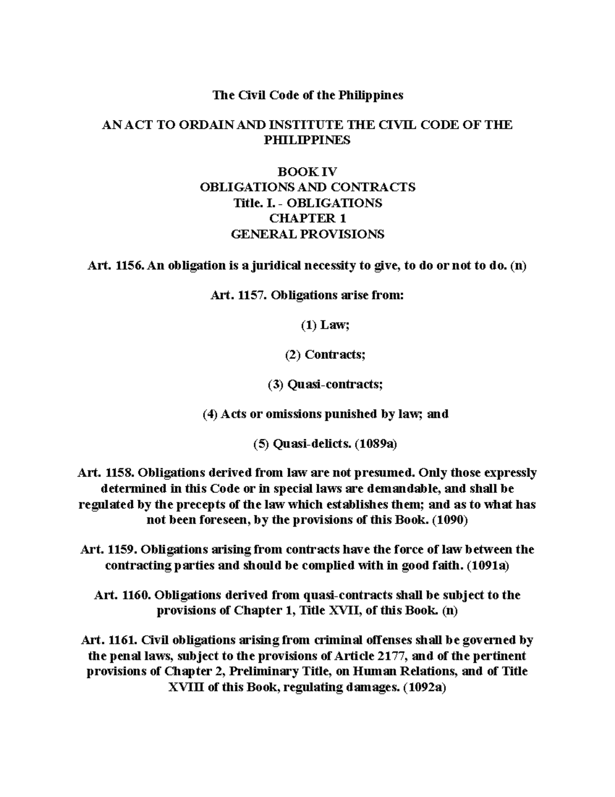 The Civil Code of the Philippines - I. - OBLIGATIONS CHAPTER 1 GENERAL ...