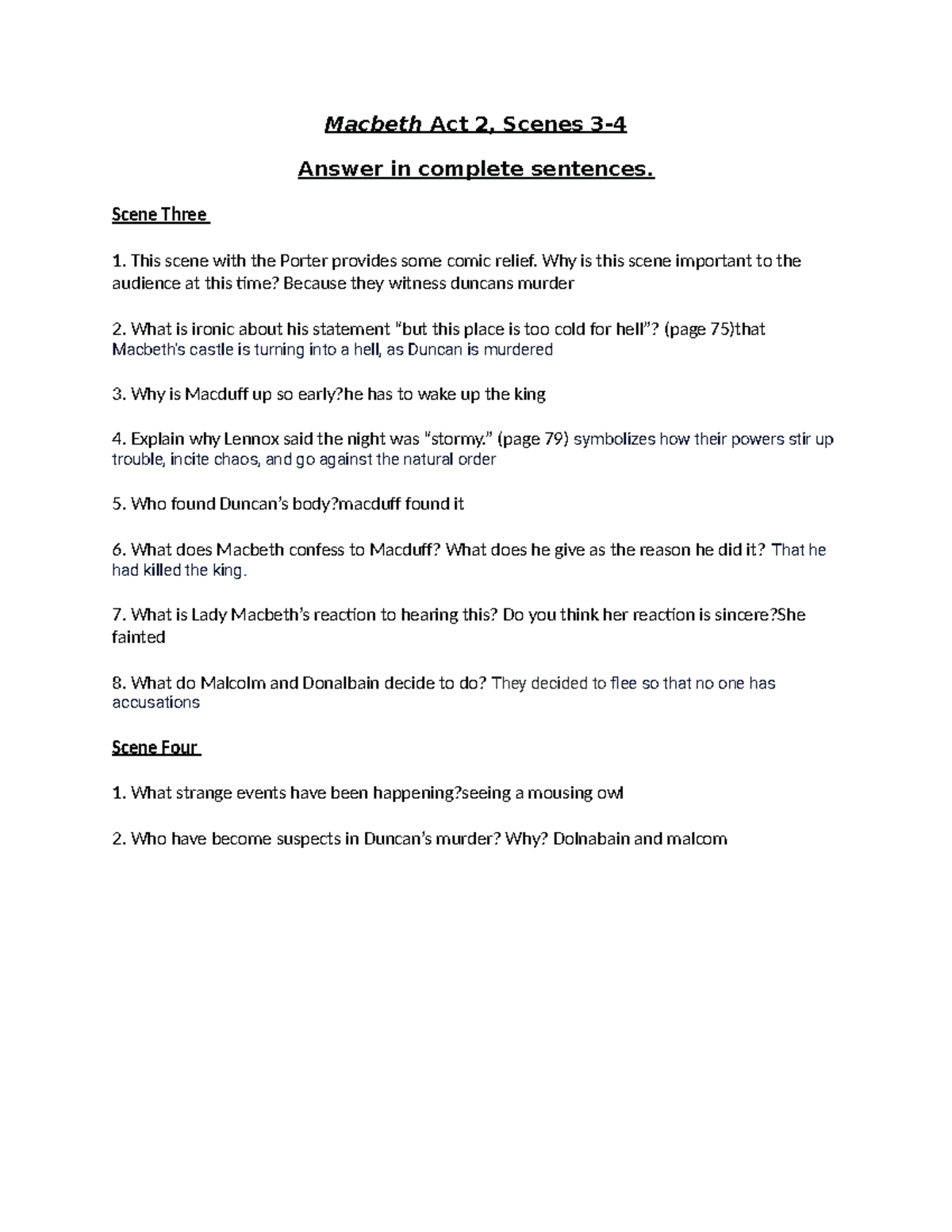 Macbeth Act 2 scenes 3-4 - Macbeth Act 2, Scenes 3- Answer in complete ...