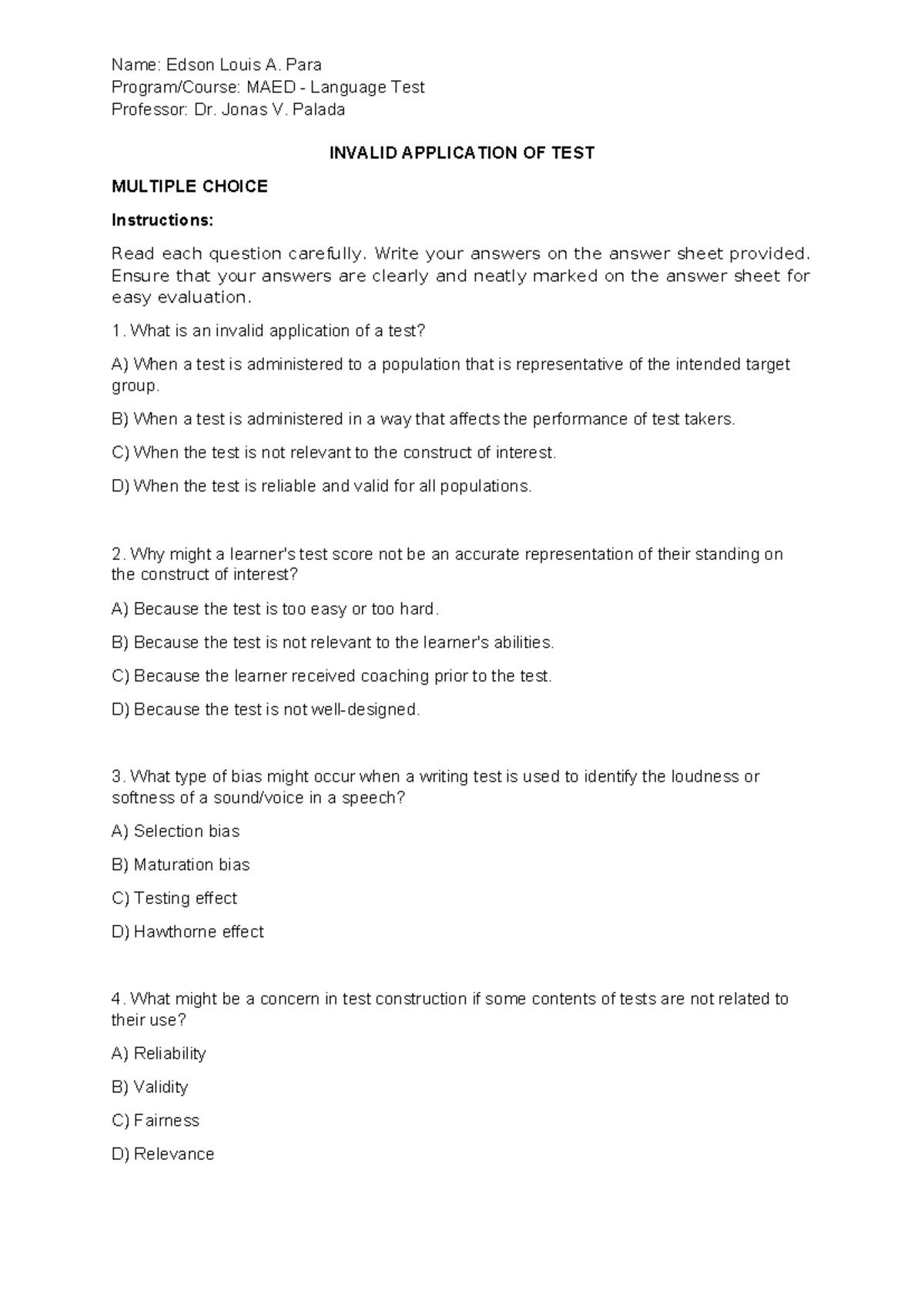 Sample Test (Invalid Application of Test) - Program/Course: MAED ...