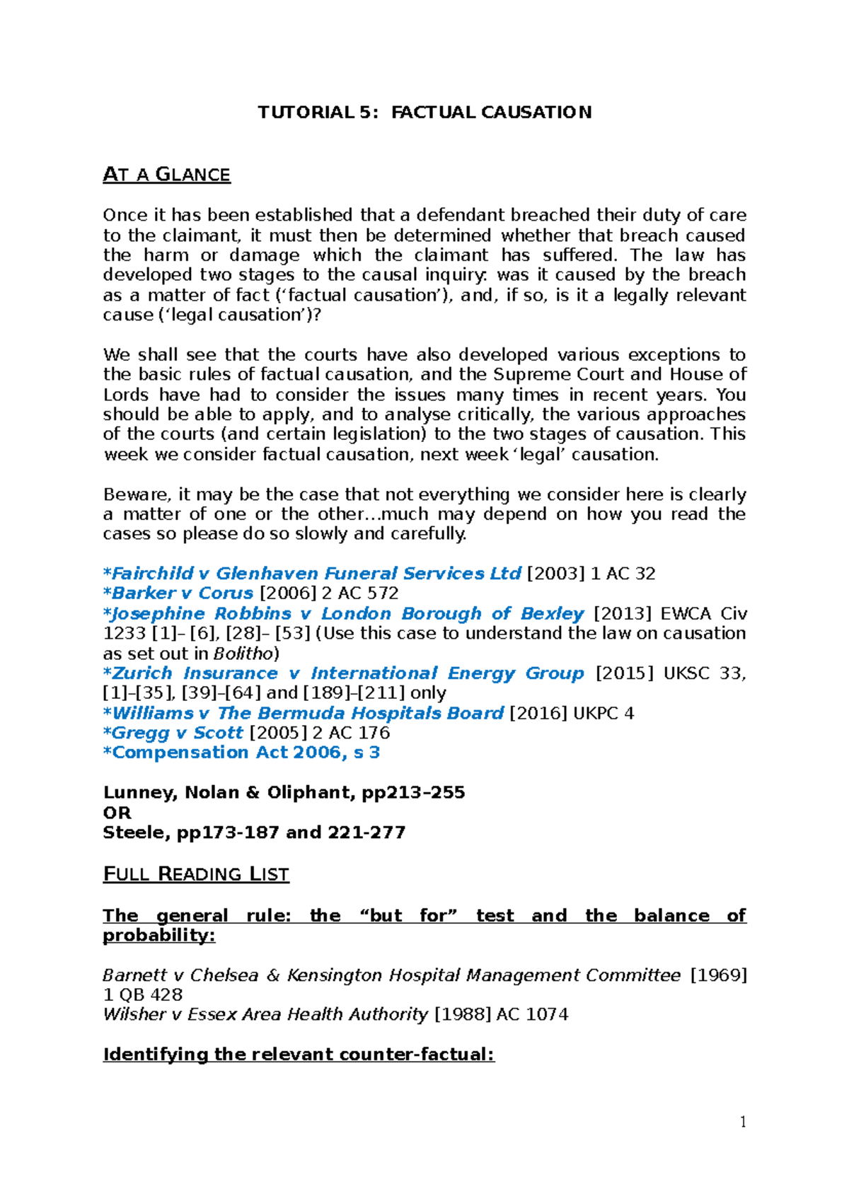 Tutorial 5 (Factual Causation) - TUTORIAL 5: FACTUAL CAUSATION A T A ...