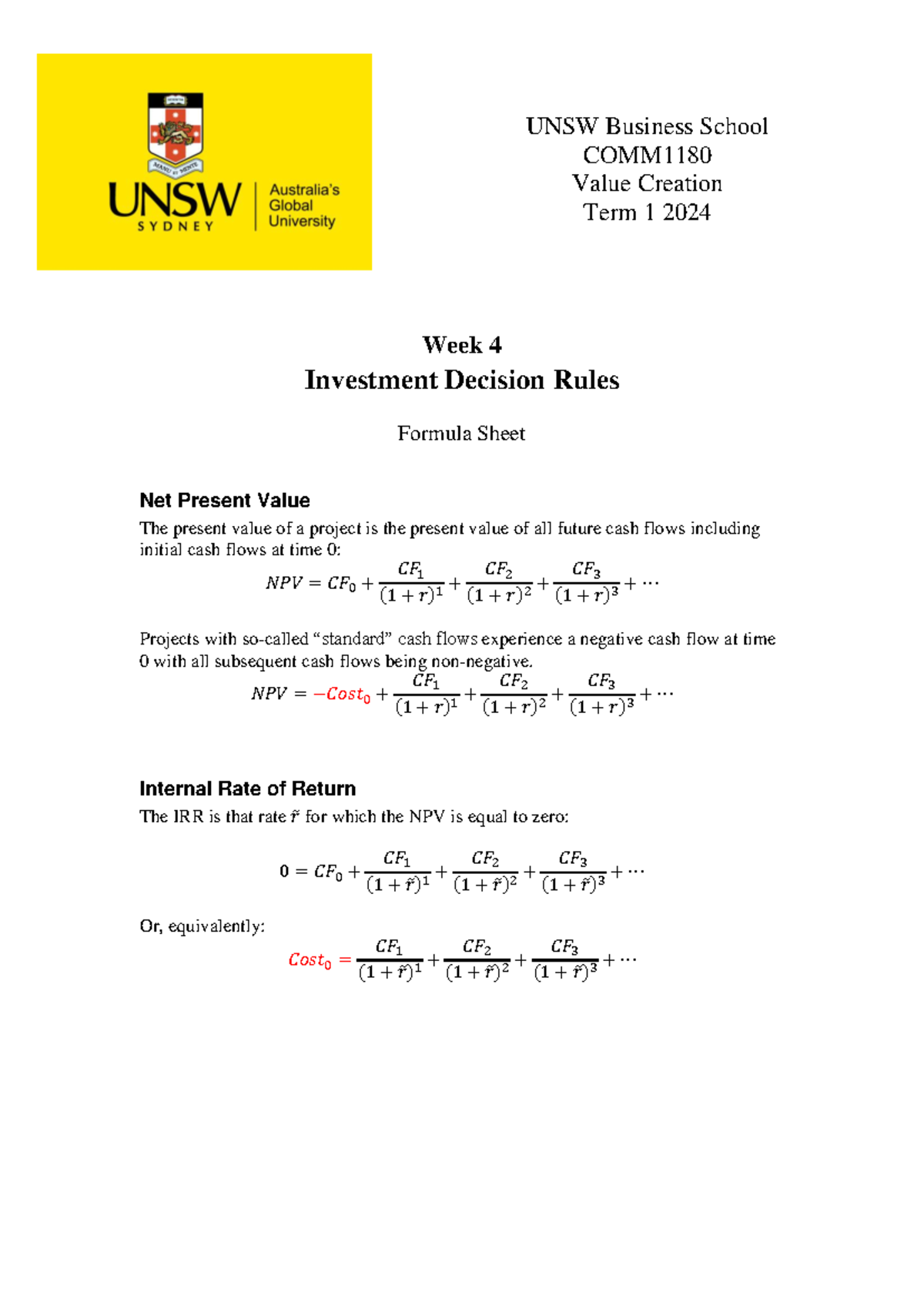 COMM1180 2024T1 Week 04 Formula Sheet - Week 4 Investment Decision ...