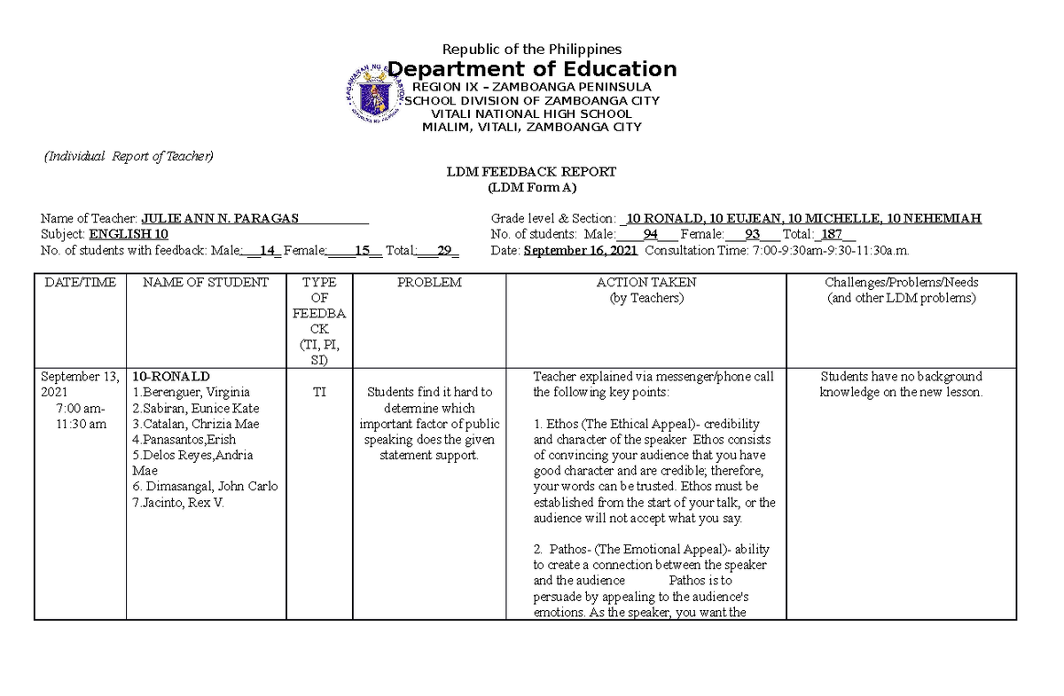 LDM Quarter 1 Week 2 - School Report - Department of Education REGION ...