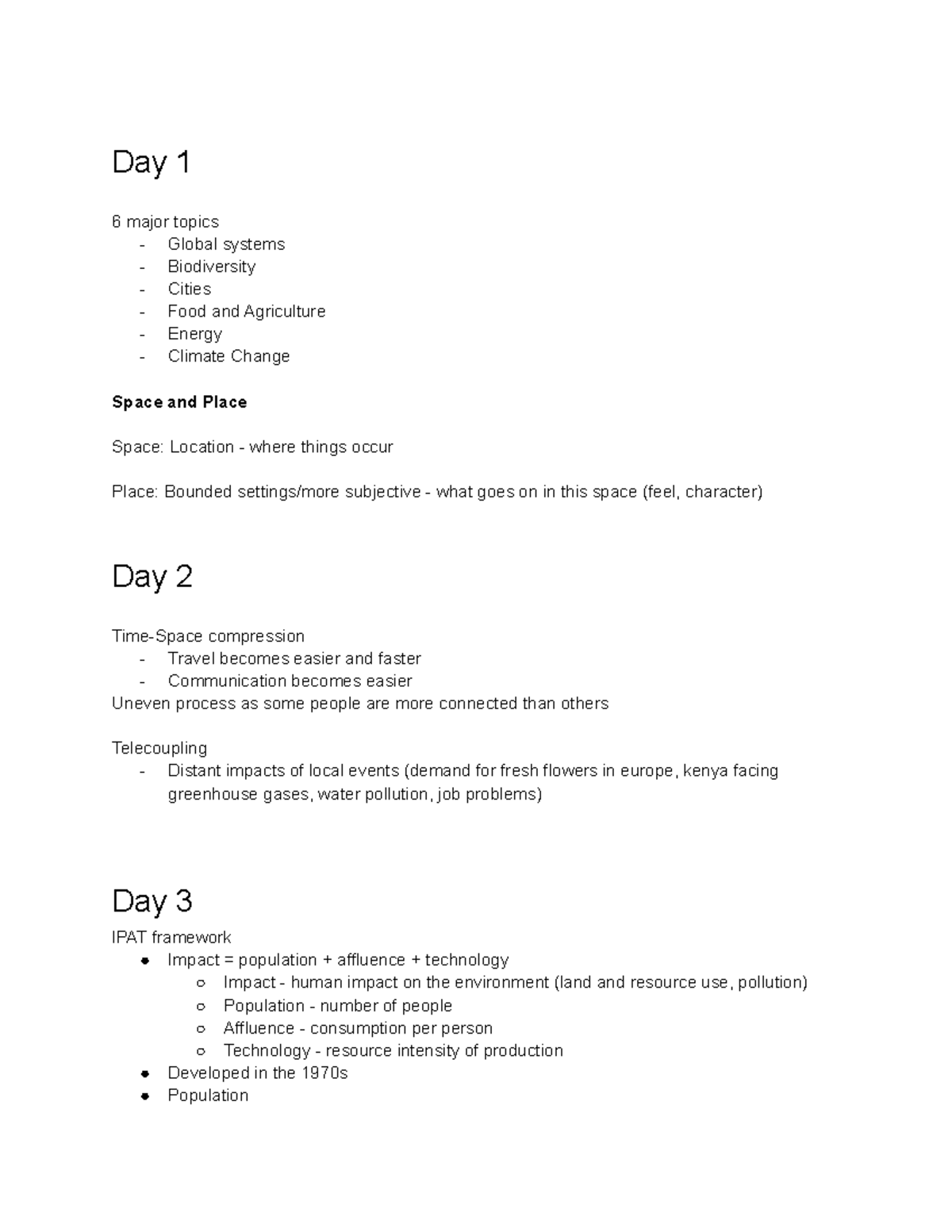 Geography 1500 - Weeks 1-5 - Day 1 6 major topics - Global systems ...