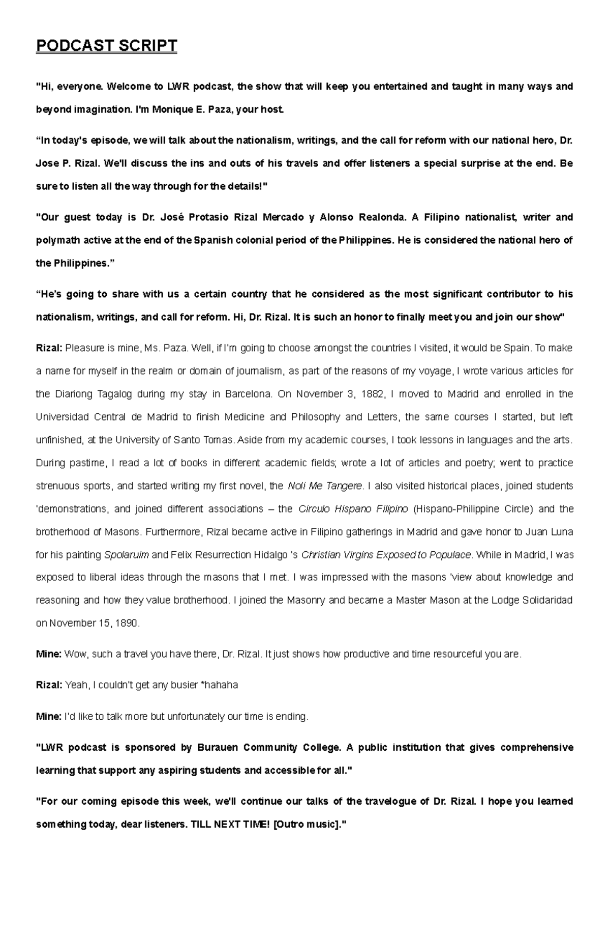Podcast Script PODCAST SCRIPT Hi Everyone Welcome To LWR Podcast 