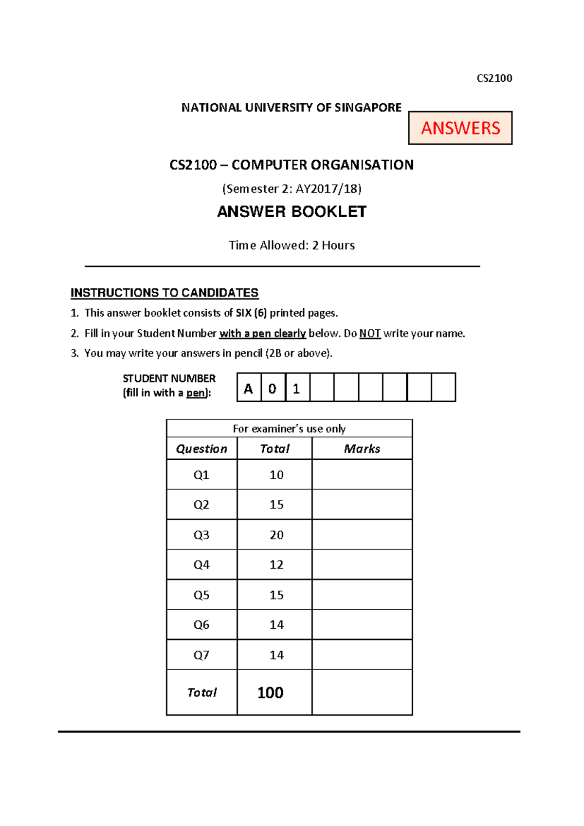 CS2100 Finals 1718s2 Solutions - NATIONAL UNIVERSITY OF SINGAPORE CS 2100 – COMPUTER ...