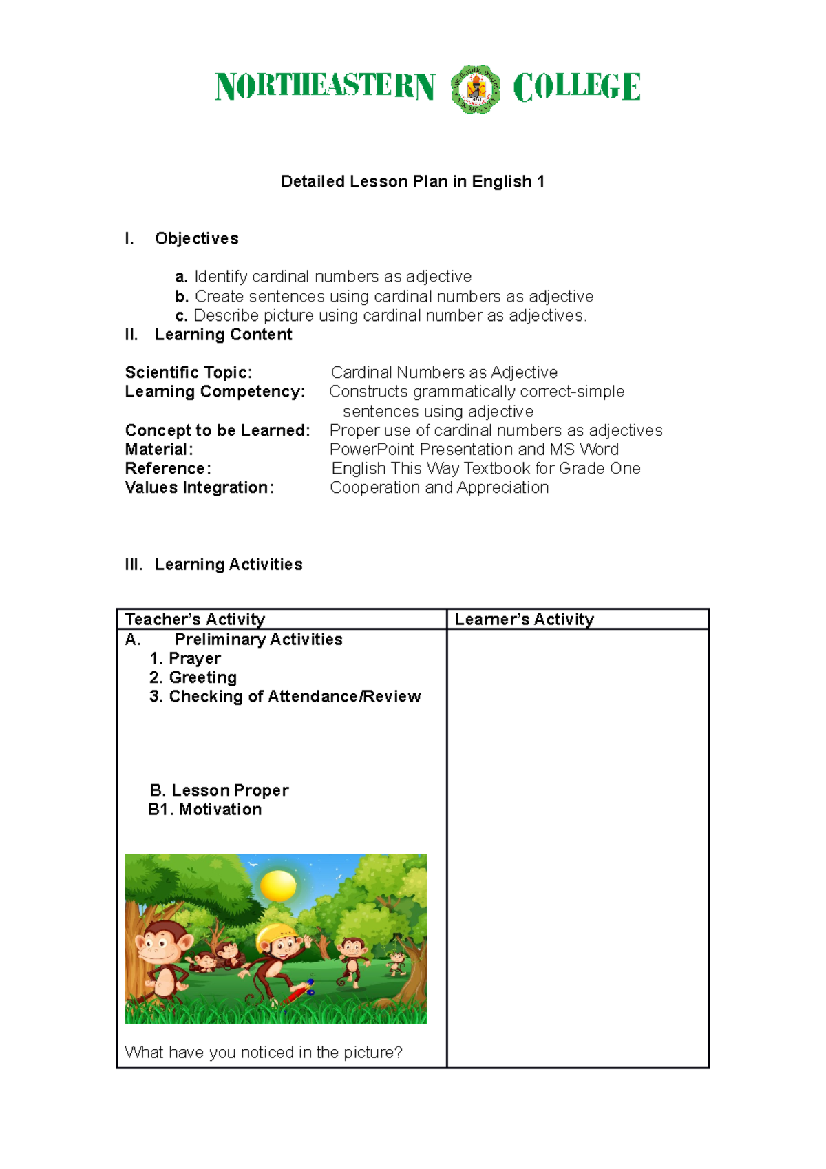 Cardinal Numbers Checked Detailed Lesson Plan In English 1 I