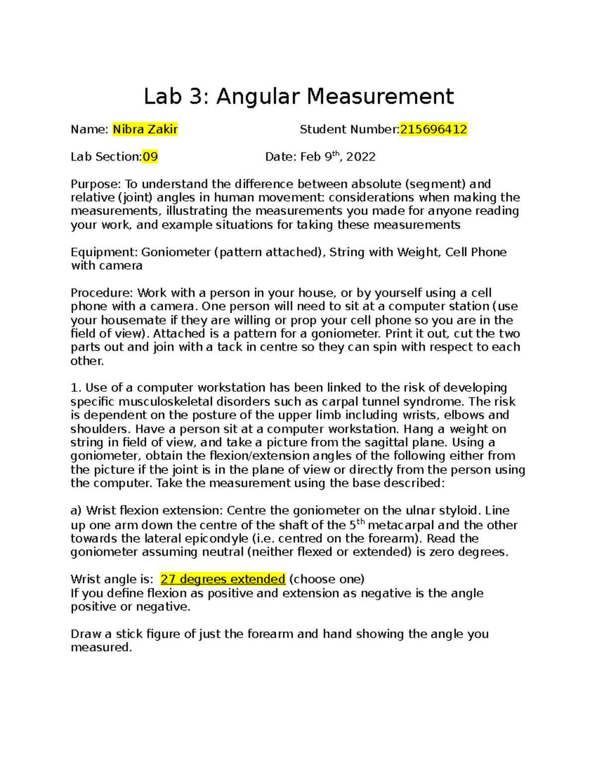 Lab 3 - angular measurement - kine 3030 - Lab 3: Angular Measurement Name: Nibra Zakir Student ...