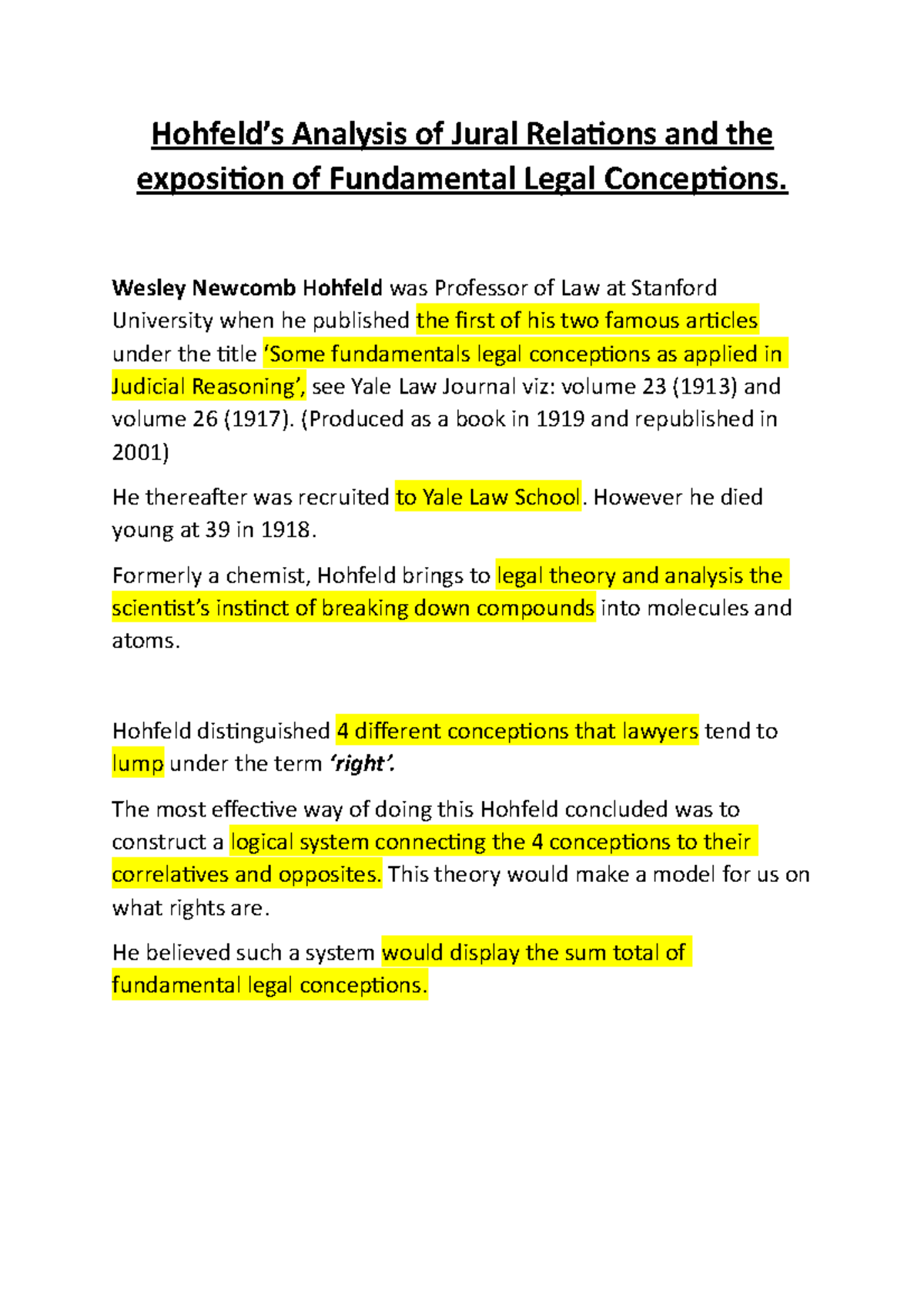 Hohfeld - Hohfeld’s Analysis of Jural Relations and the exposition of ...