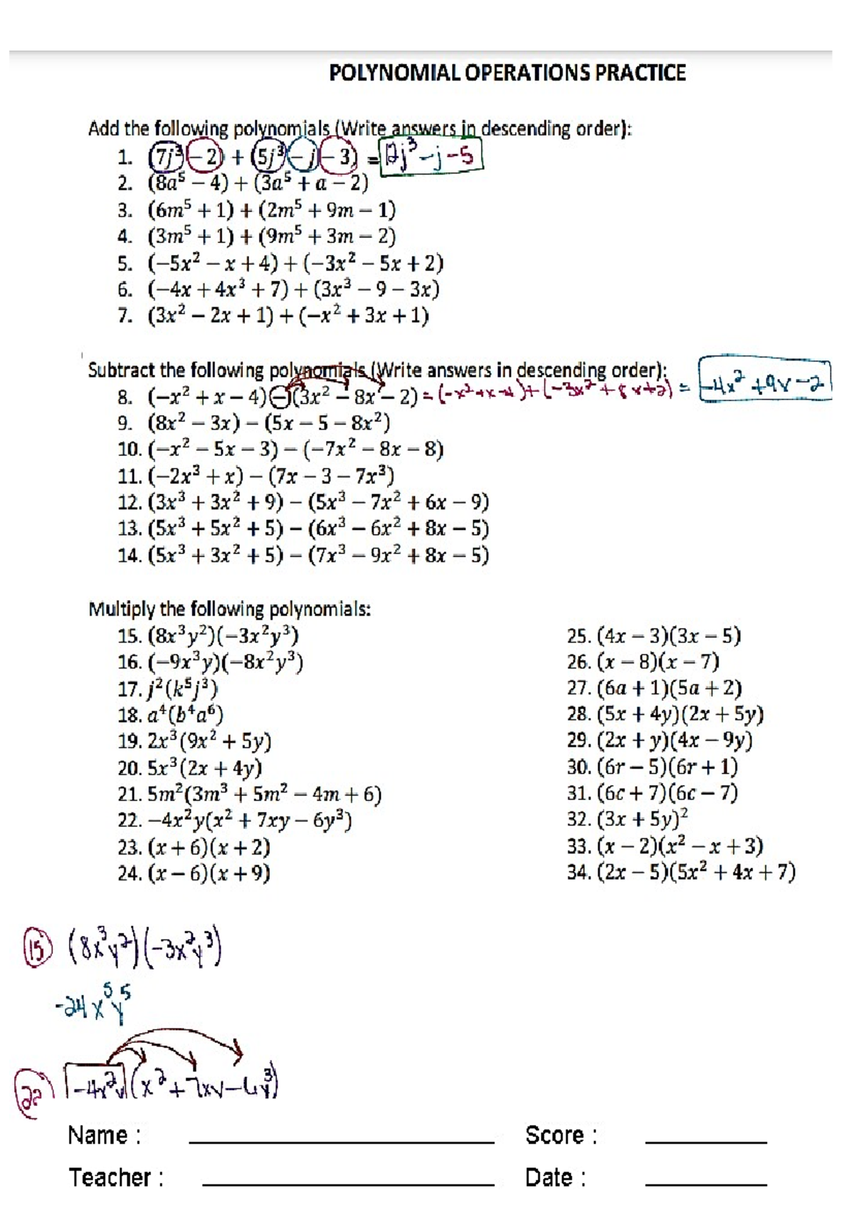 Worksheet genmath - POLYNOMIAL OPERATIONS PRACTICE Add the following ...