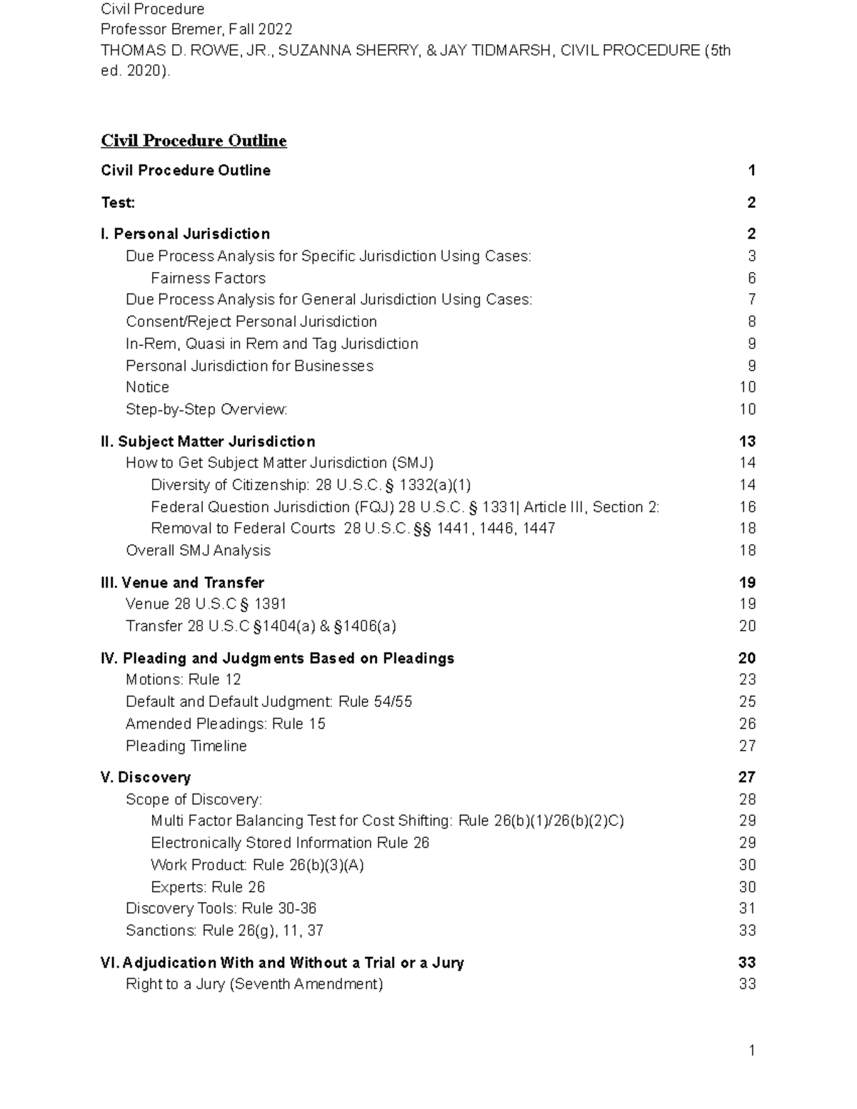 Bremer Civil Procedure Fall 2022 - THOMAS D. ROWE, JR., SUZANNA SHERRY ...