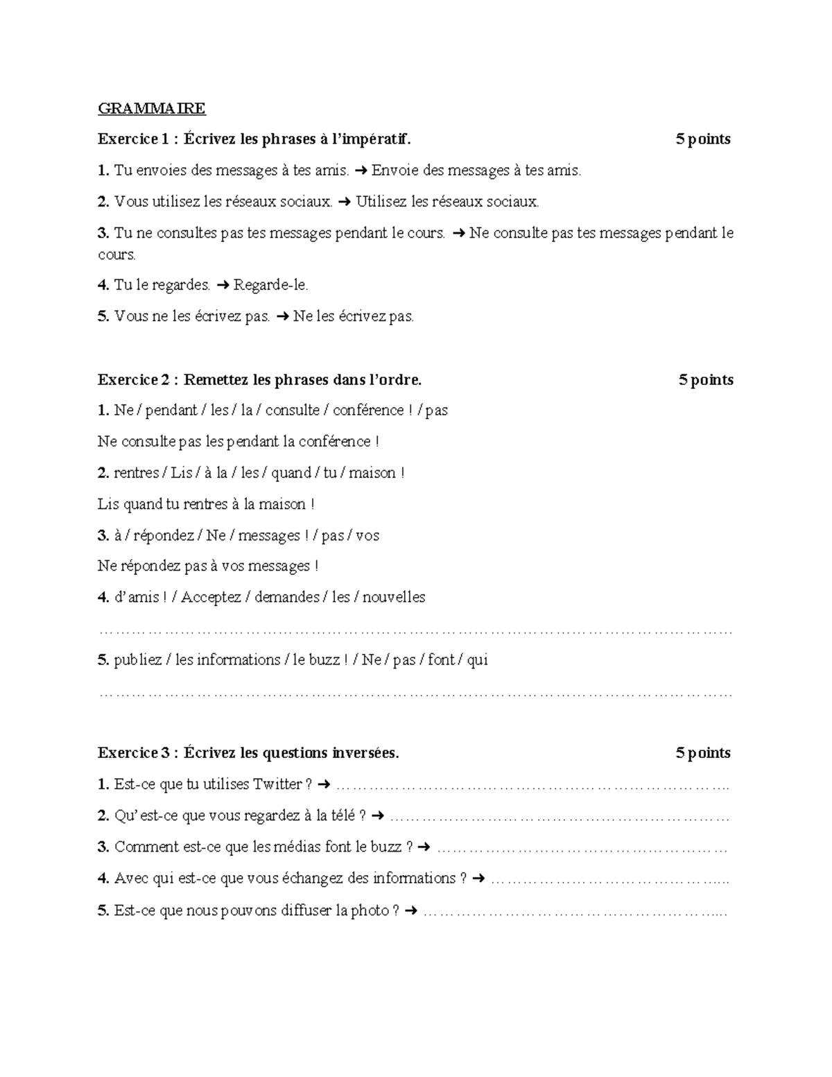 TEST Unite 3 - test 3 sách laterlier - GRAMMAIRE Exercice 1 : Écrivez ...