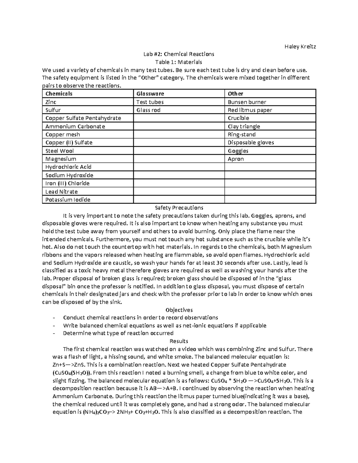CHEM2051F22 Chemical Reactions 1 - Haley Kreitz Lab #2: Chemical ...