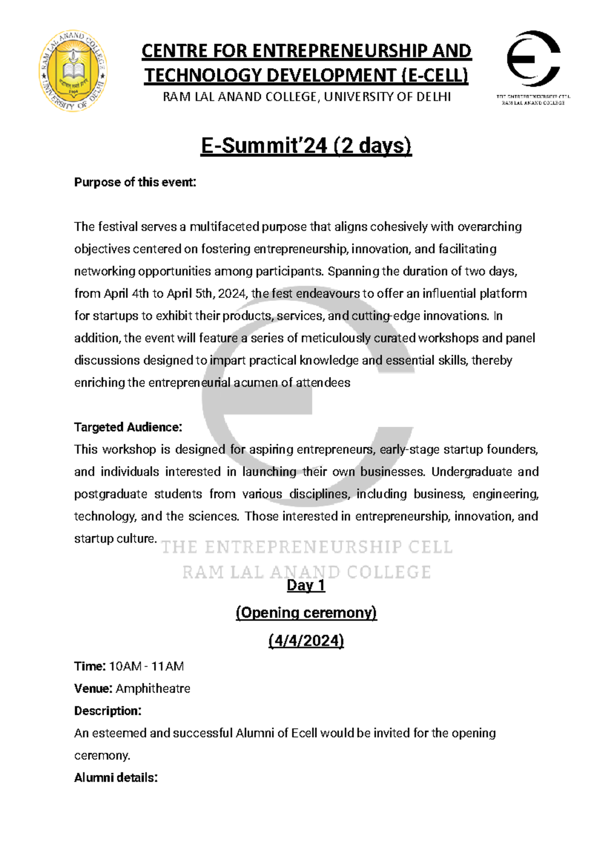 E-Cell Fest - TECHNOLOGY DEVELOPMENT (E-CELL) RAM LAL ANAND COLLEGE ...