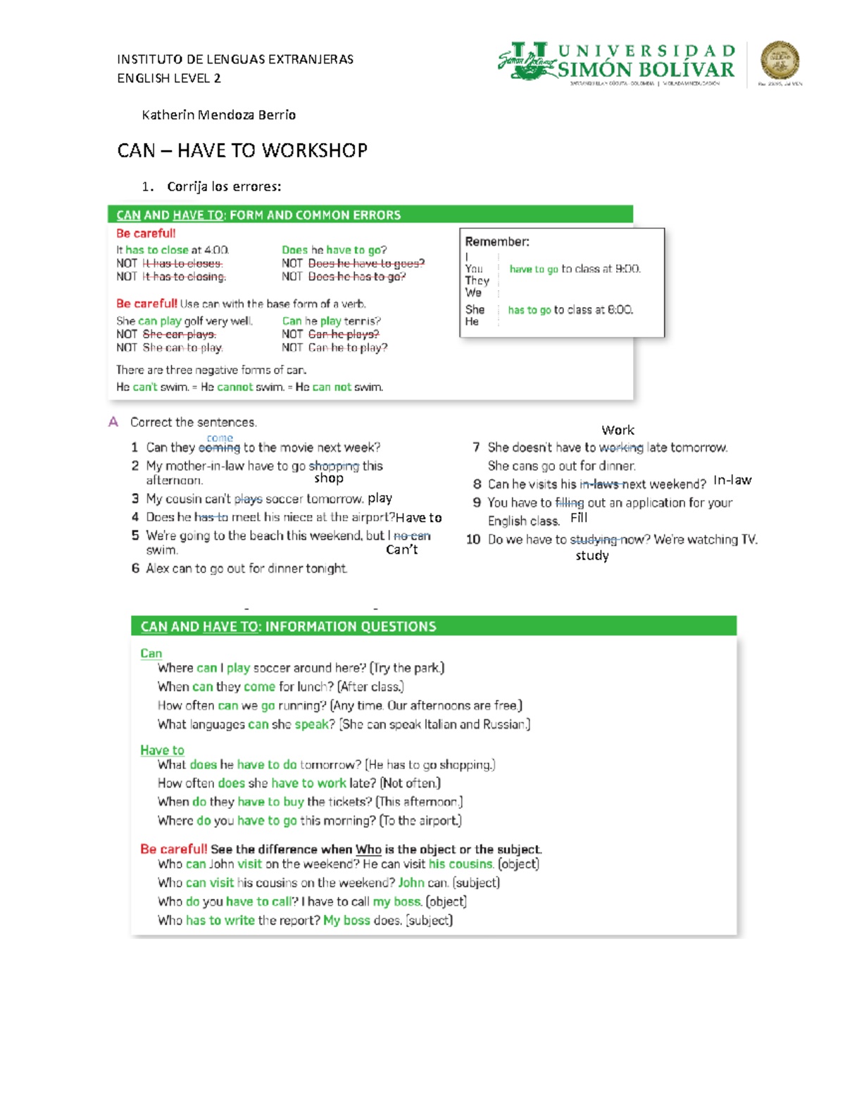 Level 2 UNIT 1 CAN HAVE TO Workshop - INSTITUTO DE LENGUAS EXTRANJERAS ...