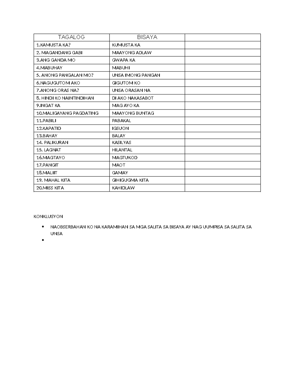 Panimulang Lingguwistika - TAGALOG BISAYA 1 KA? KUMUSTA KA 2. MAGANDANG ...