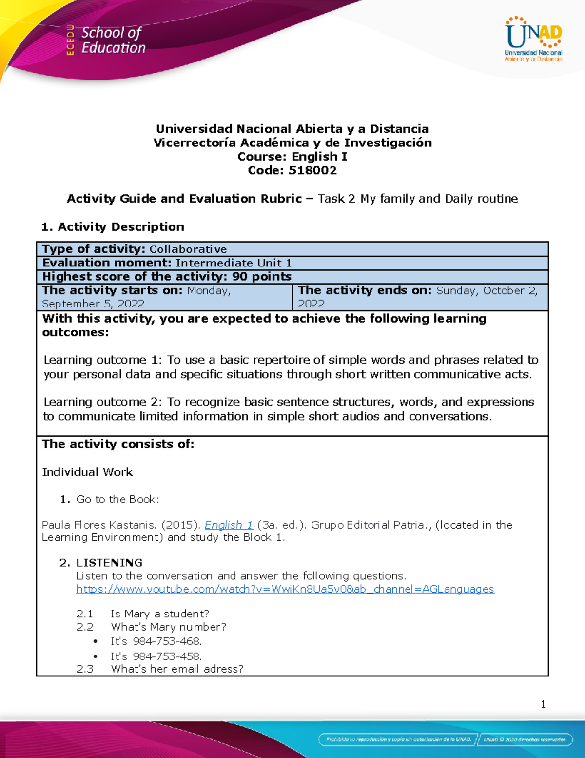 Activity Guide and Evaluation Rubric - Unit 1 - Task 2 - My family and ...