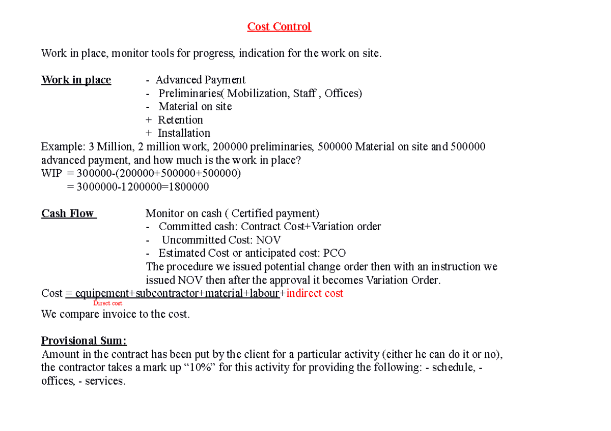 Cost Control - Cost Control Work in place, monitor tools for progress ...