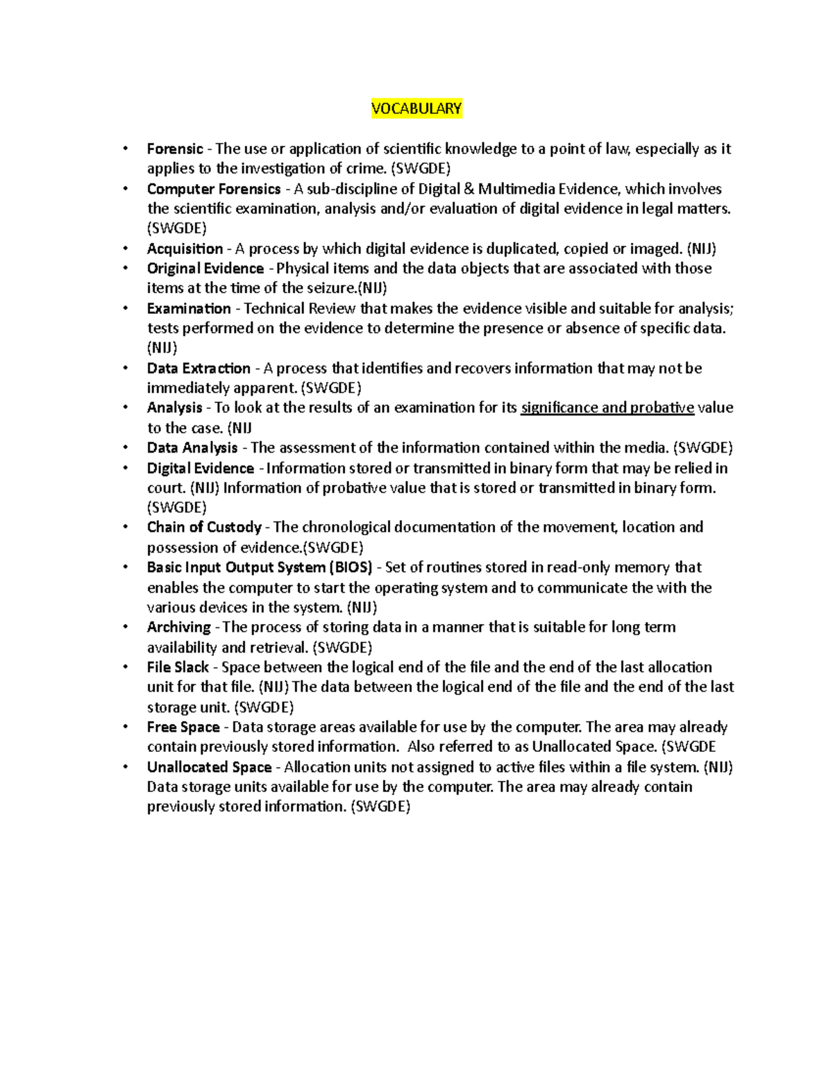 Digital Forensics Vocabulary - VOCABULARY Forensic - The use or ...