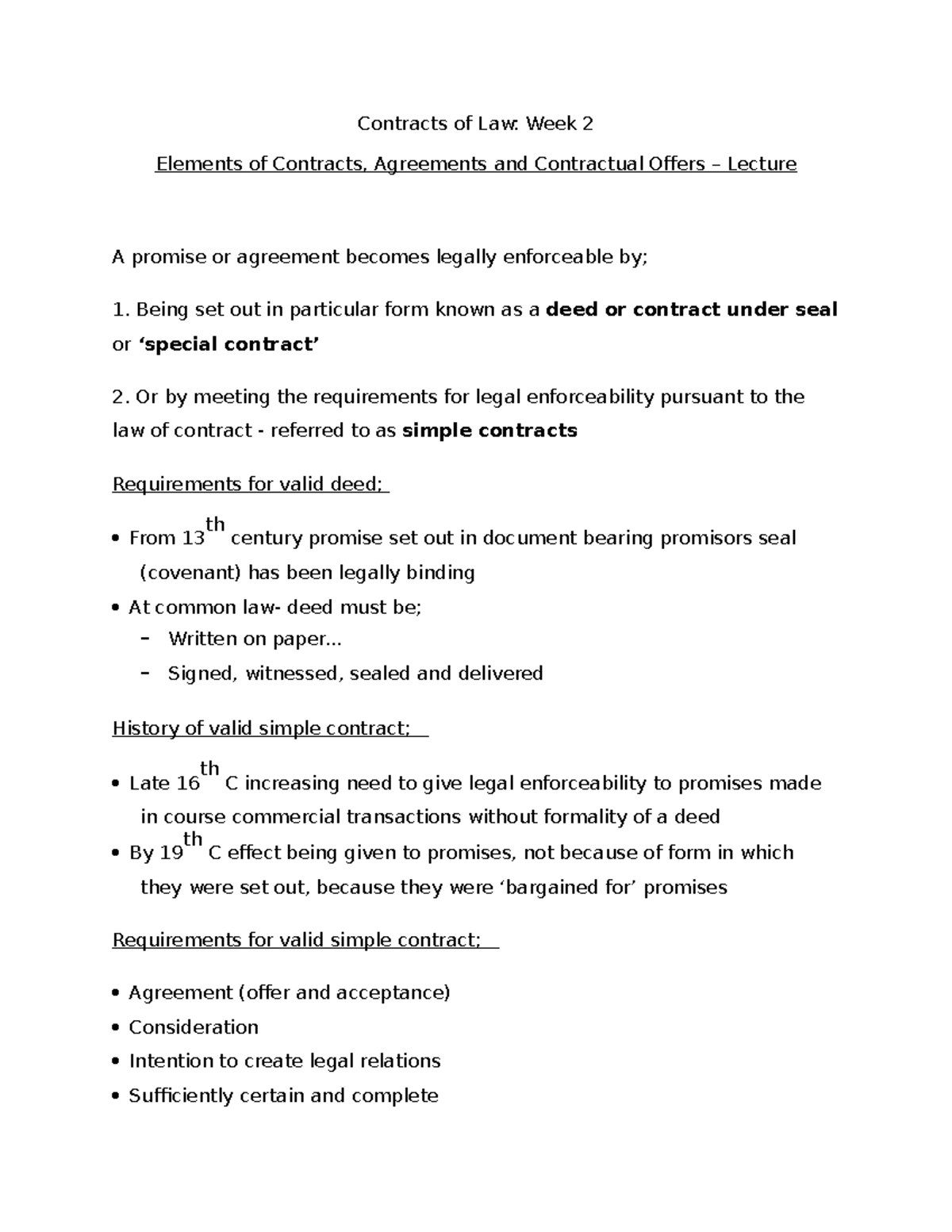 Contracts Of Law Lecture Notes 4 Contracts Of Law Week 2 Elements Of Contracts Agreements