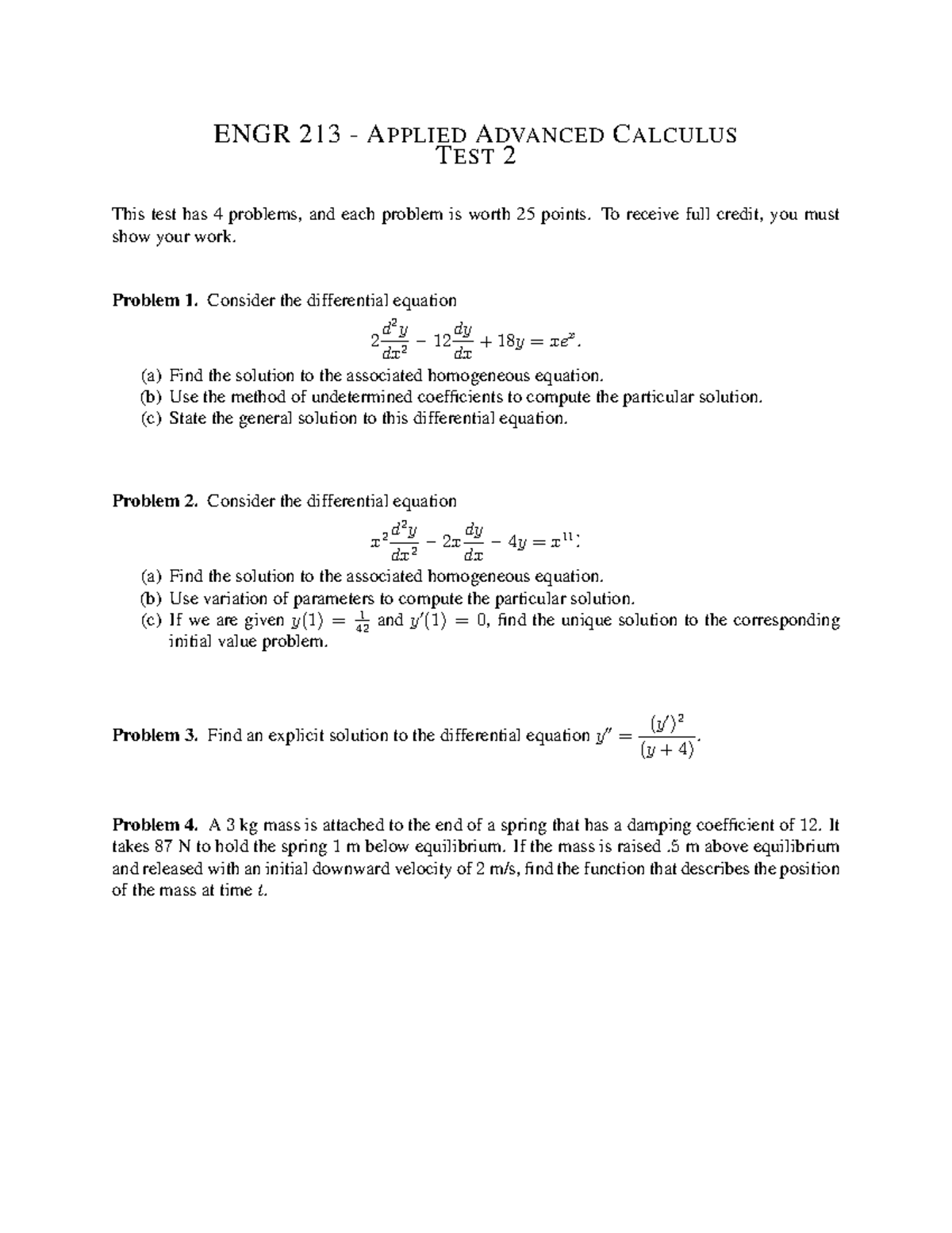 Midterm 1 Questions Engr 213 Applied Advanced Calculus Test 2 This