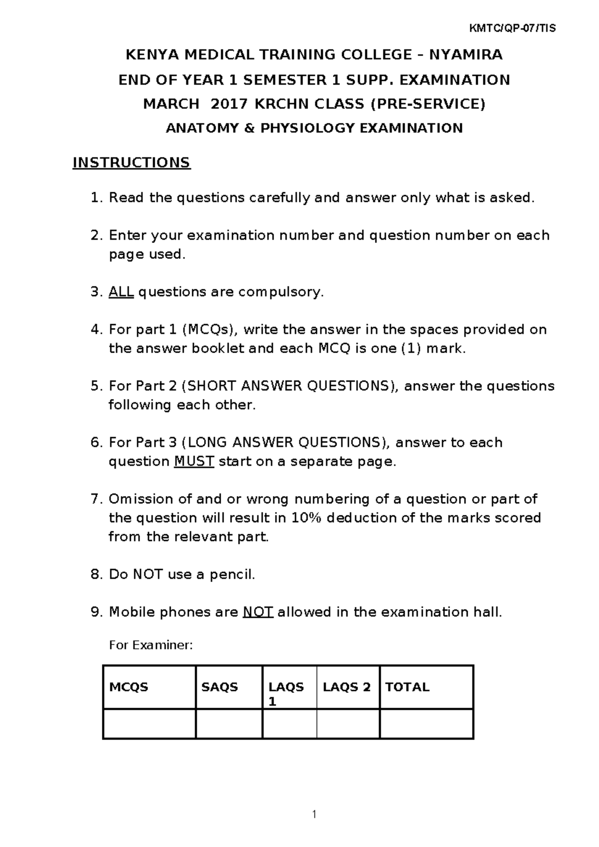 SUPP. A & P - Study questions - KENYA MEDICAL TRAINING COLLEGE ...