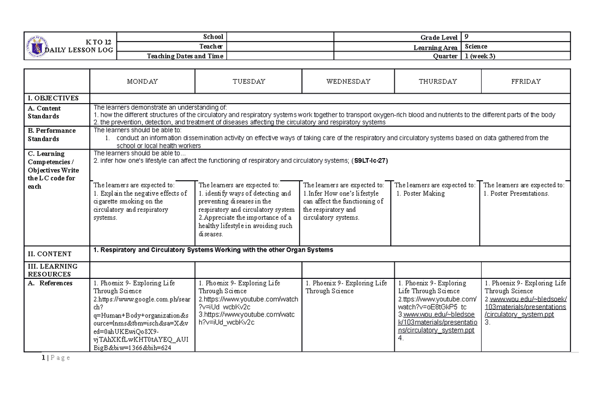 DLL Science 9 Q1 WEEK 3 - dnudiadjdj - K TO 12 DAILY LESSON LOG School ...