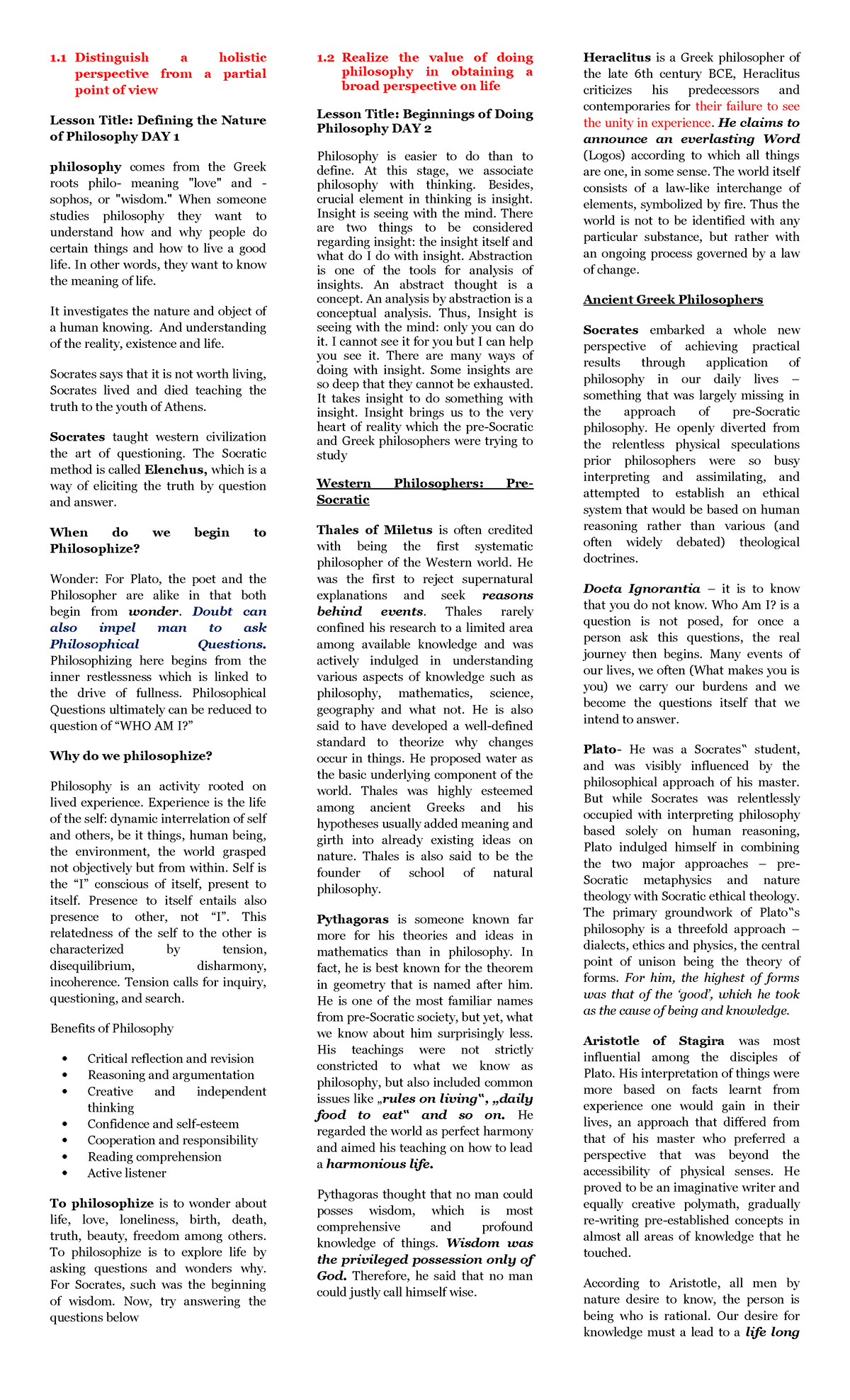 WEEK 1 Intro to Philo - week 1 - 1 Distinguish a holistic perspective ...