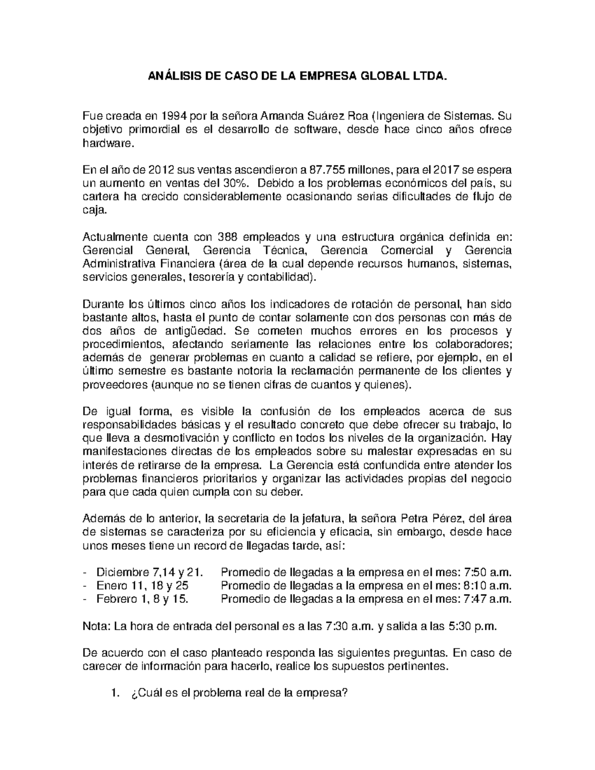 ANÁ Lisis DE CASO DE LA Empresa Global LTDA (1) - ANÁLISIS DE CASO DE LA EMPRESA GLOBAL LTDA ...