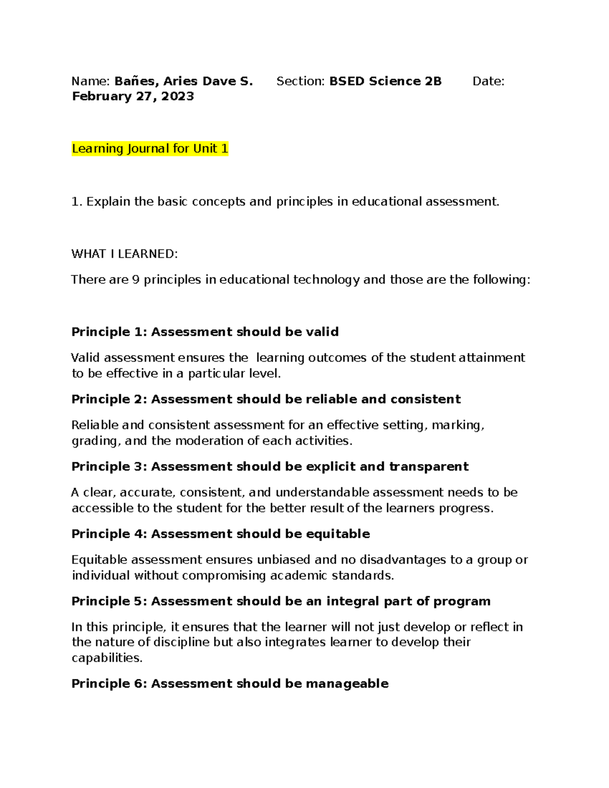 Learning LOG 1 - Name: Bañes, Aries Dave S. Section: BSED Science 2B ...