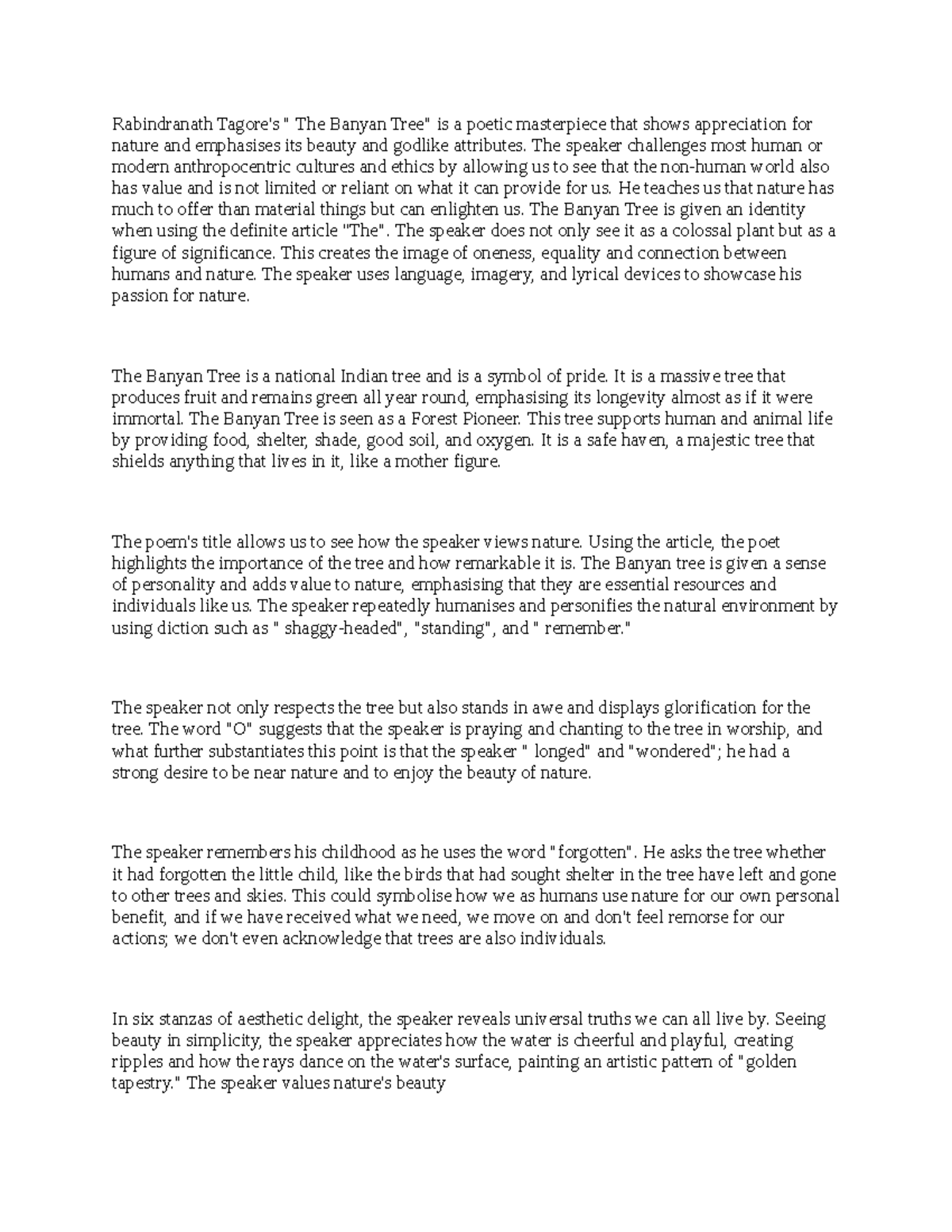 Poetry essay - The Banyan Tree - Rabindranath Tagore's " The Banyan ...