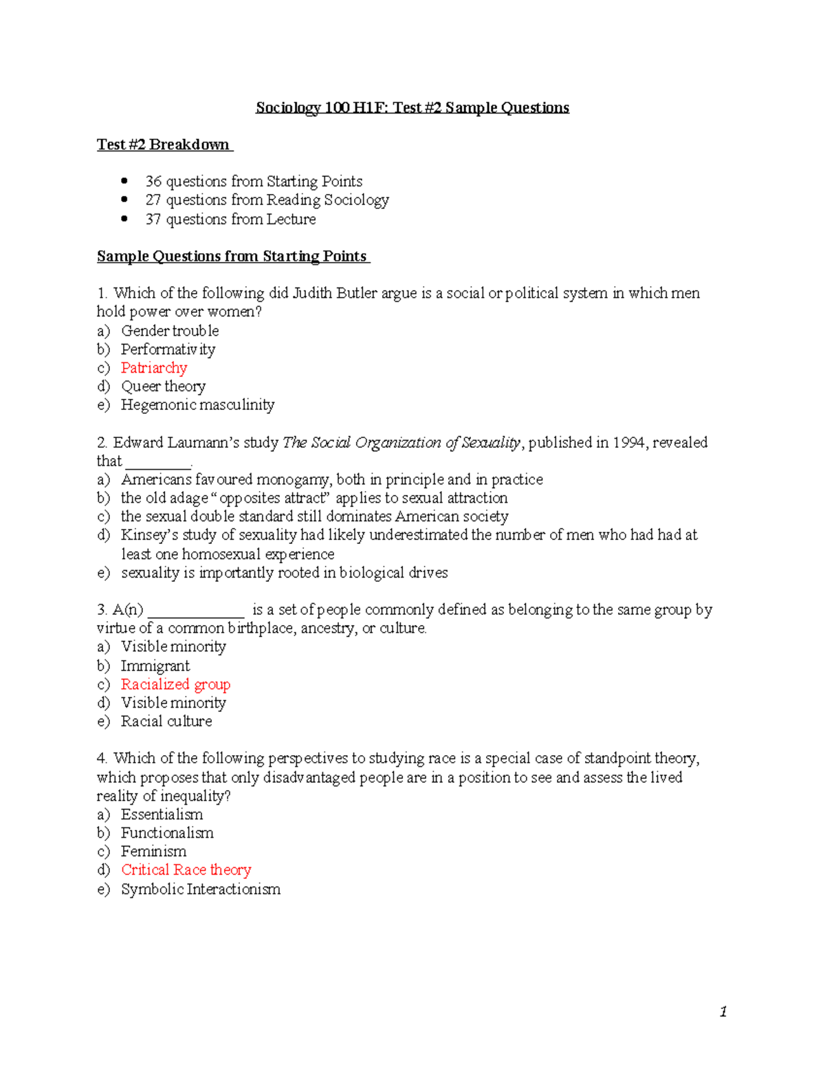 Test 2 October 2017 Questions And Answers Sociology 100 H1F Test