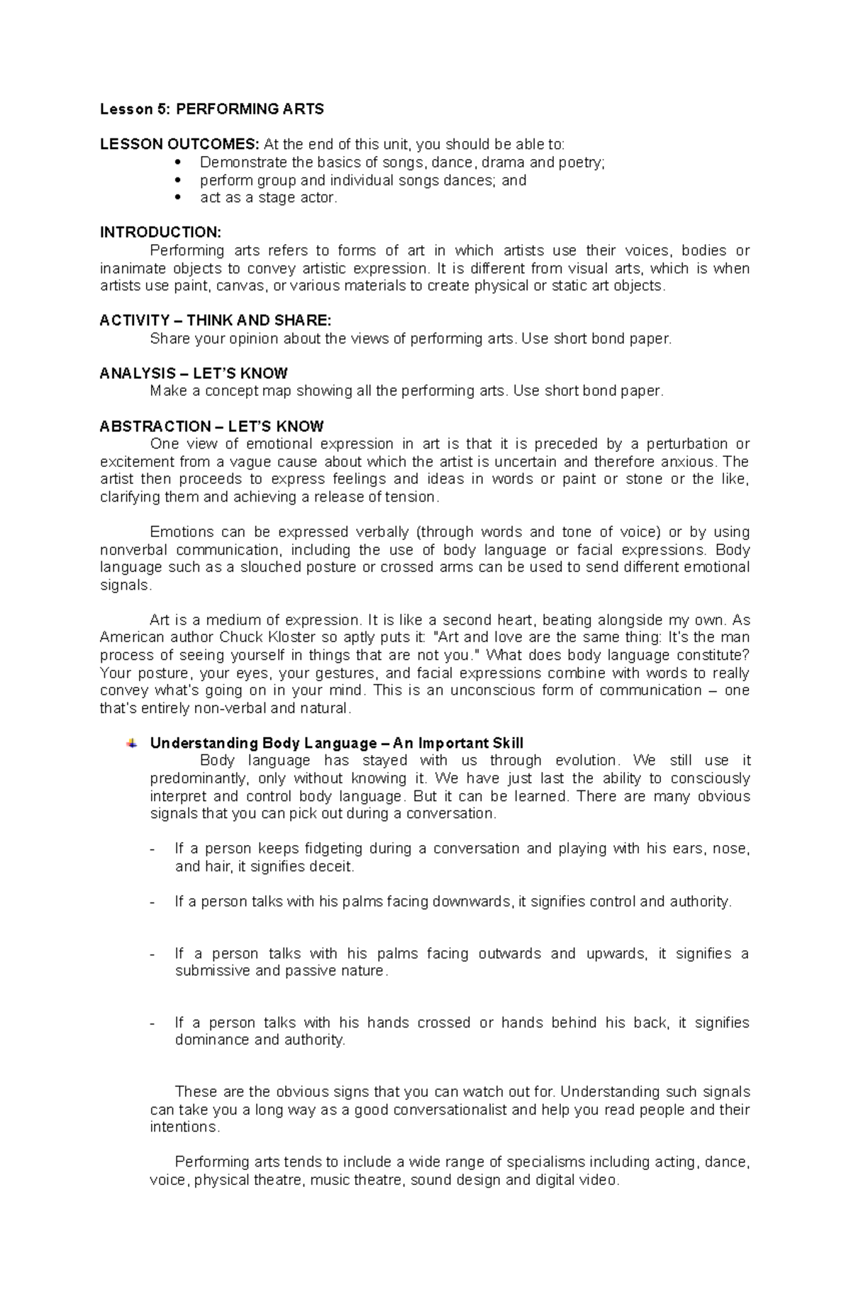 Lesson 5 Art Appreciation - Lesson 5: PERFORMING ARTS LESSON OUTCOMES ...