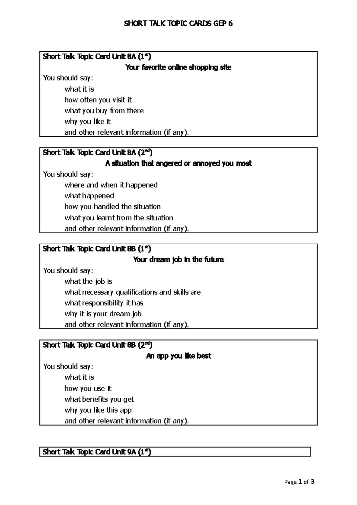 Short Talk Topic cards GEP 6 - SHORT TALK TOPIC CARDS GEP 6 Short Talk ...